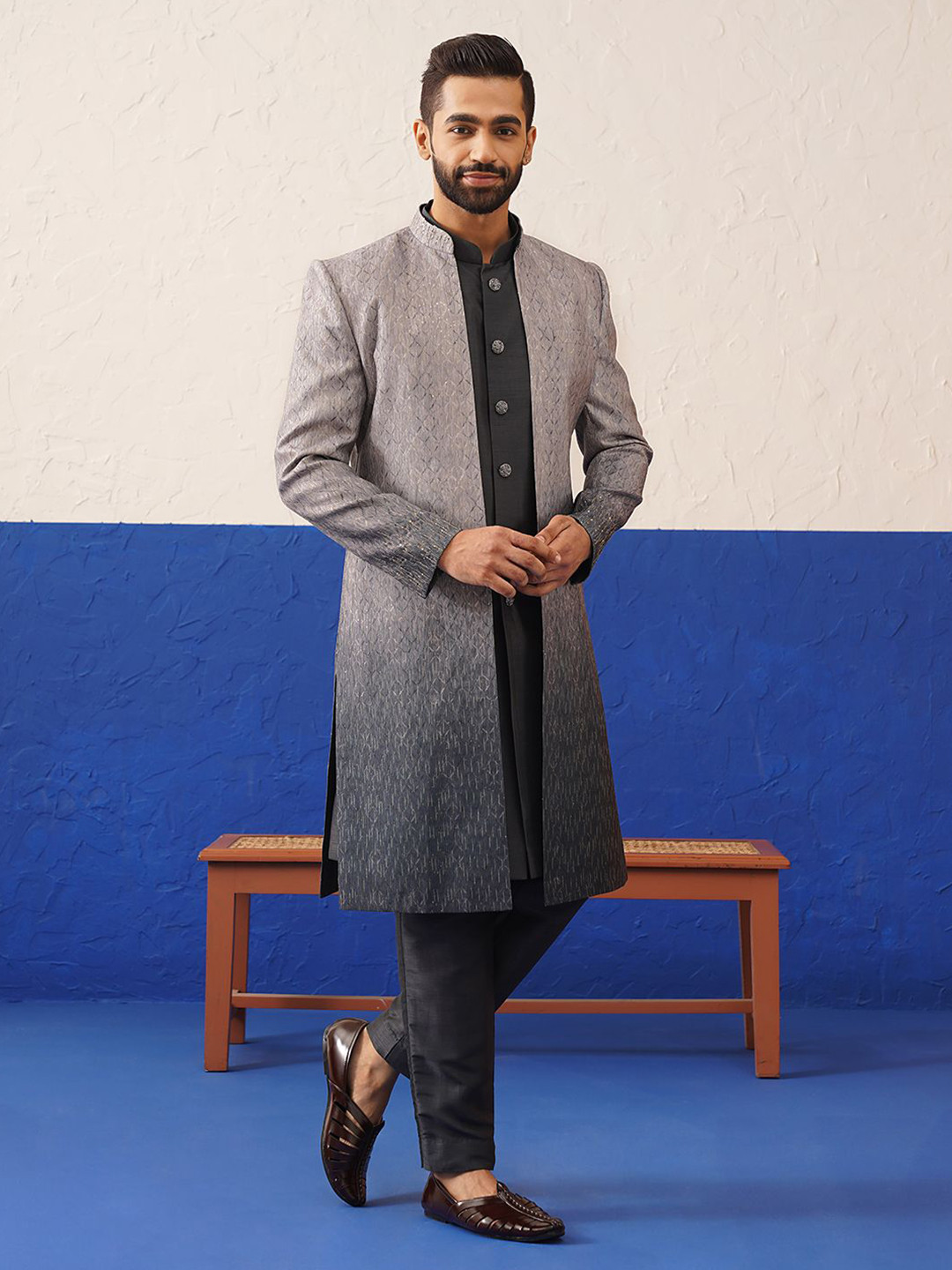 Buy TheEthnic.Co Men Self Design Maroon Gradient Front Open Indo ...