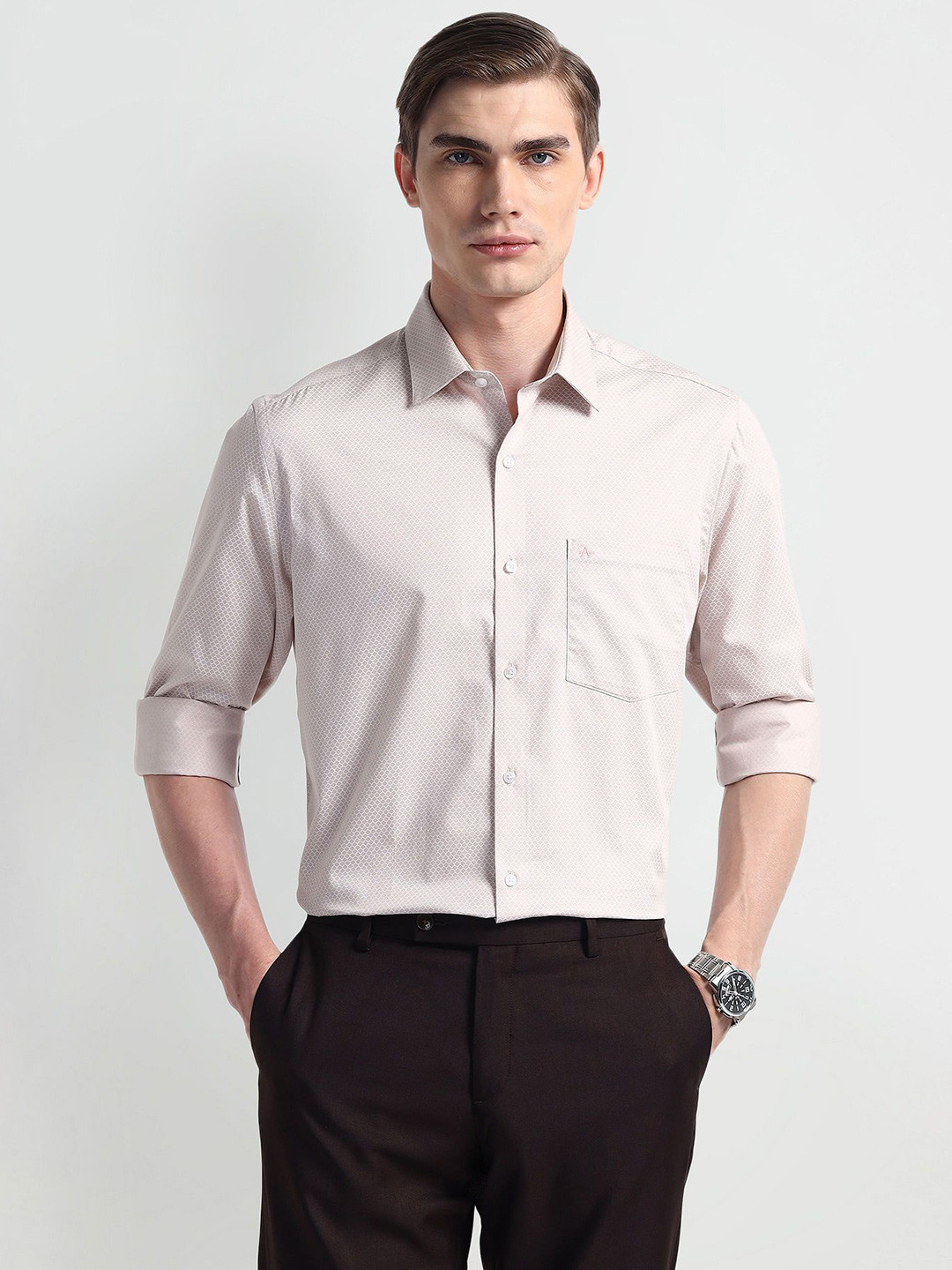 Buy Arrow Men Classic Slim Fit Spread Collar Micro Ditsy Printed Cotton ...