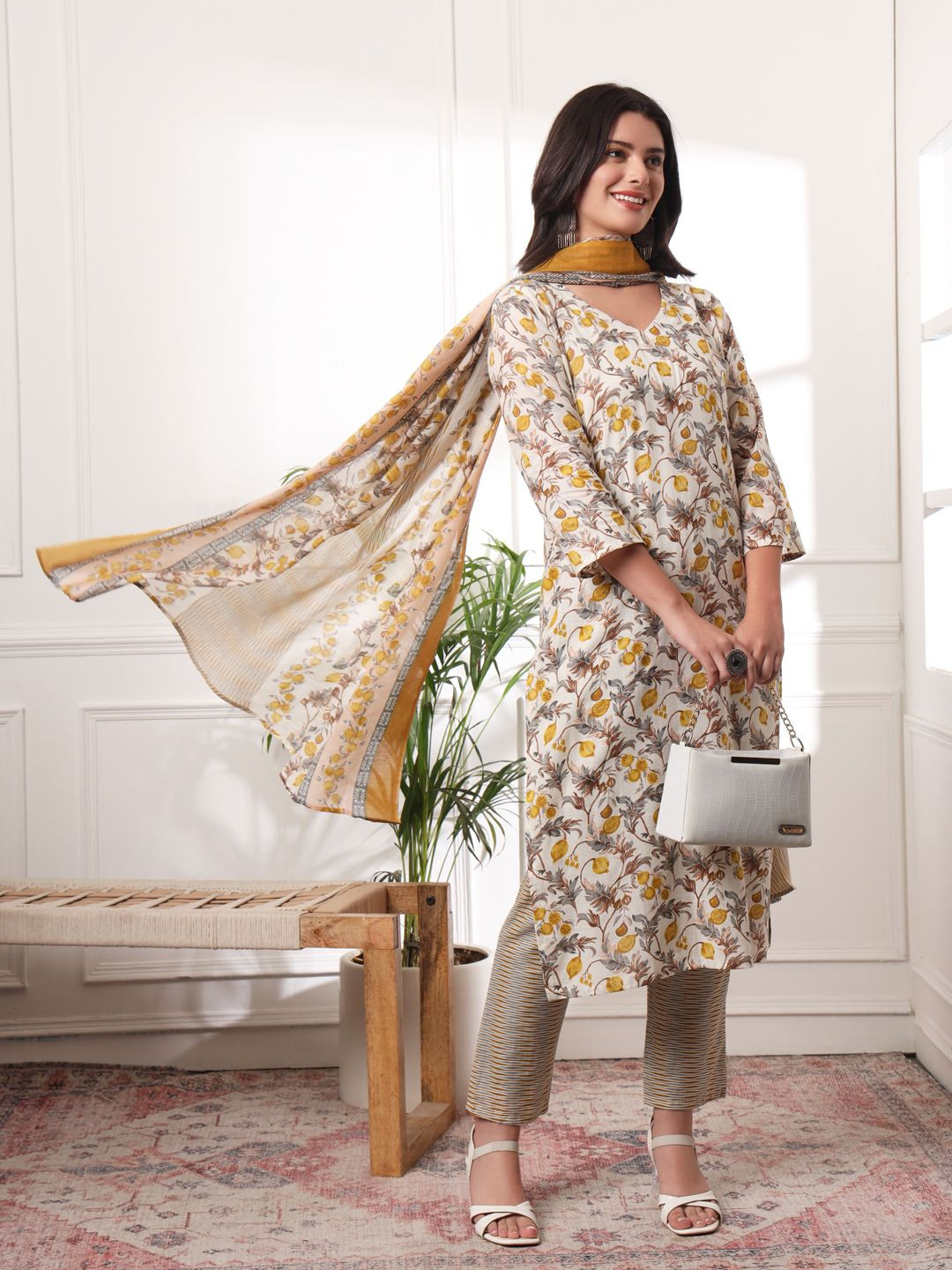 Buy KALINI Floral Printed V Neck Pure Cotton Kurta With Trousers & With ...