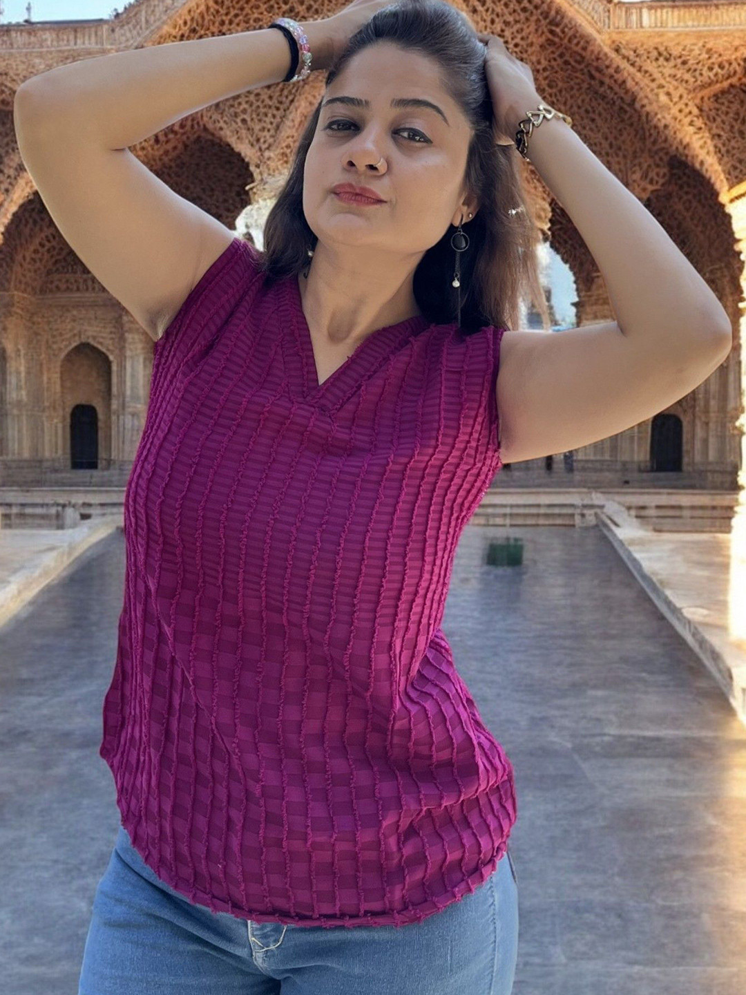 Buy Bhanderi Fashion Women Self Design V Neck Top - Tops for Women ...
