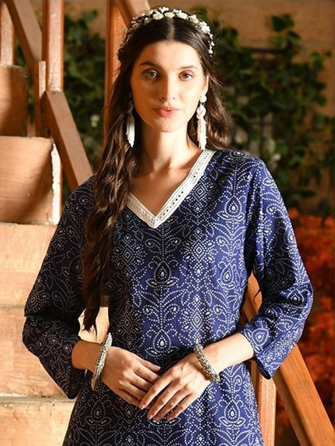 Buy KJFAB Women Bandhani Blue Printed Regular Pure Cotton Kurta With ...