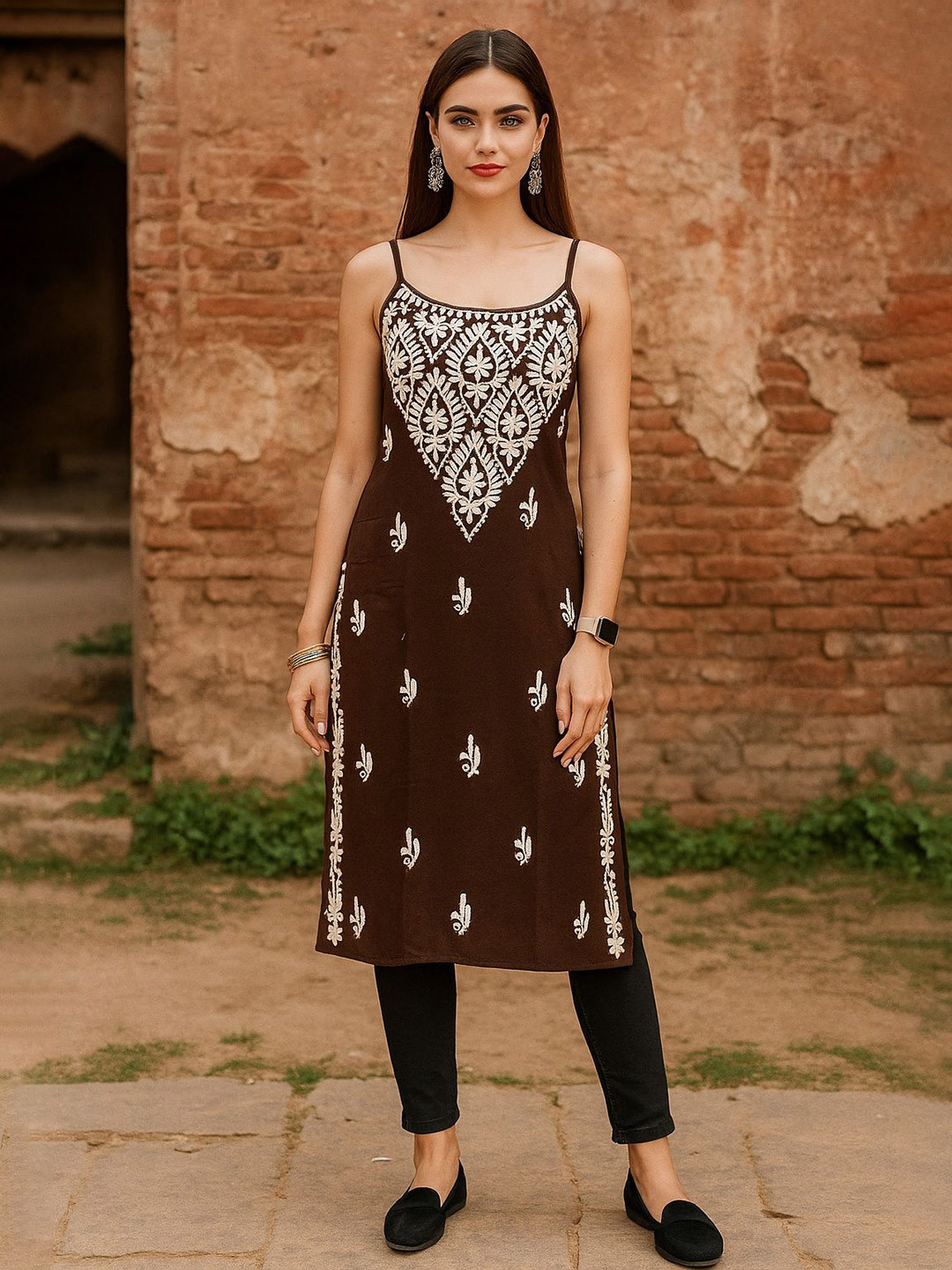 Buy ADR CHIKAN Women Ethnic Motifs Embroidered Chikankari Straight ...