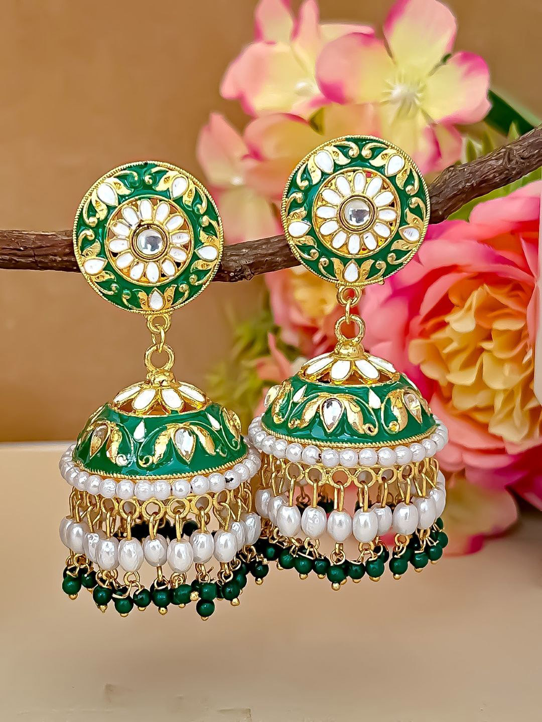Buy Zeviel Gold Plated Kundan Studded & Pearls Beaded Dome Shaped Jhumkas - Earrings for Women ...