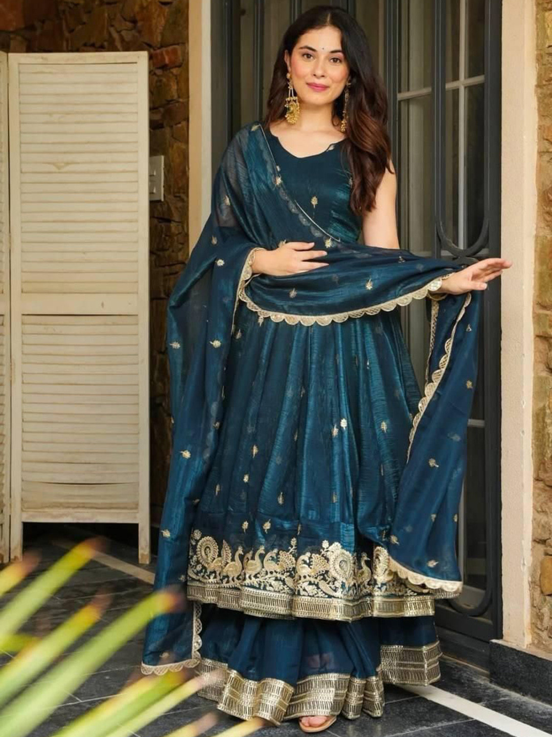 Buy CRAFTLE Floral Embroidered Thread Work Chanderi Cotton Kurta With Sharara & Dupatta - Kurta ...