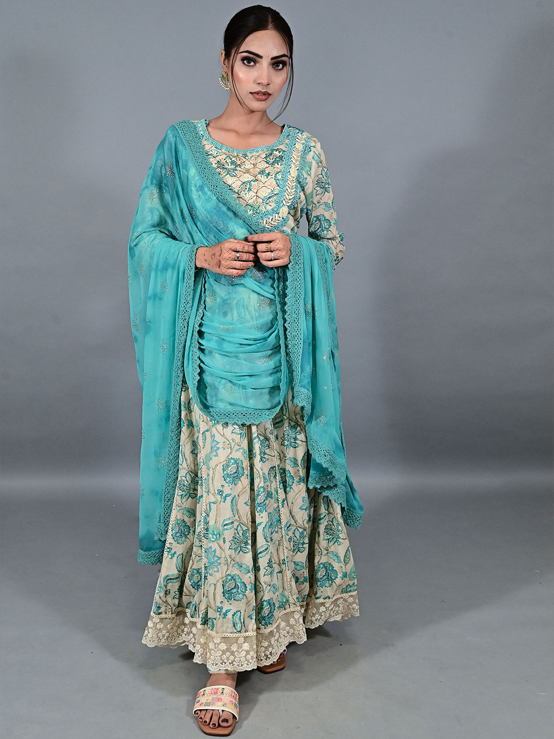 Buy THE BEHRUZ THEORY Floral Embroidered Sequined Anarkali Kurta With Trousers & Dupatta - Kurta ...