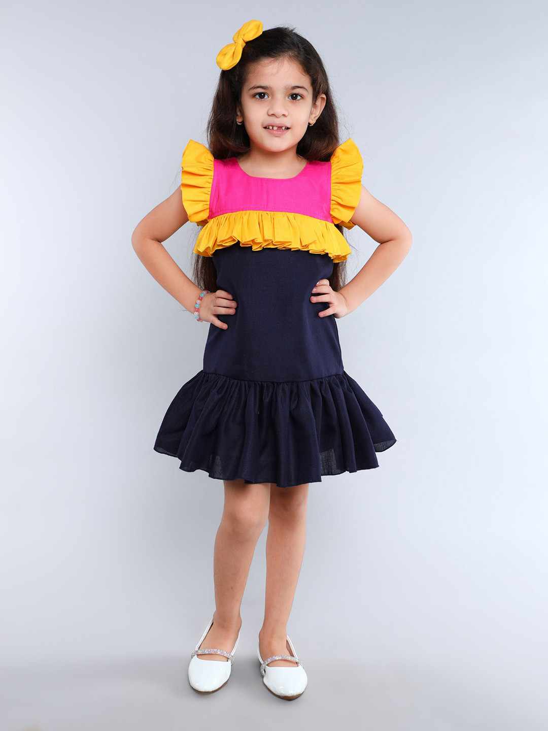 Buy Pink Chick Girls Colourblocked Flutter Sleeve Ruffles Cotton Drop ...