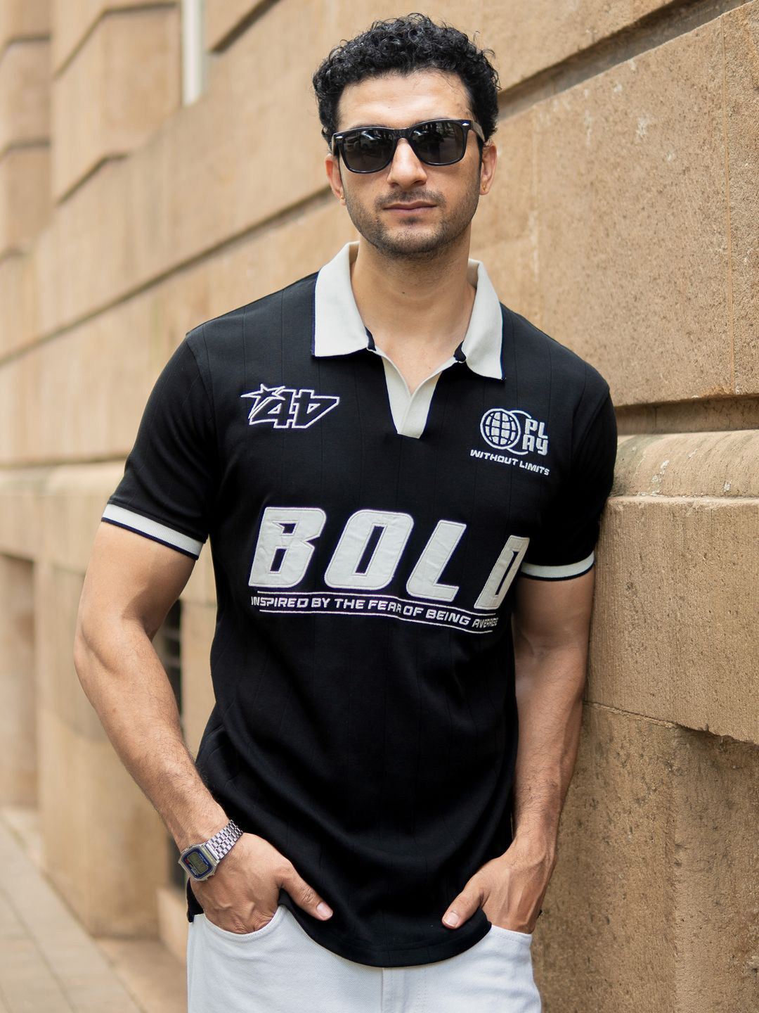 Buy Powerlook Men Typography Printed Polo Collar Pure Cotton T Shirt ...