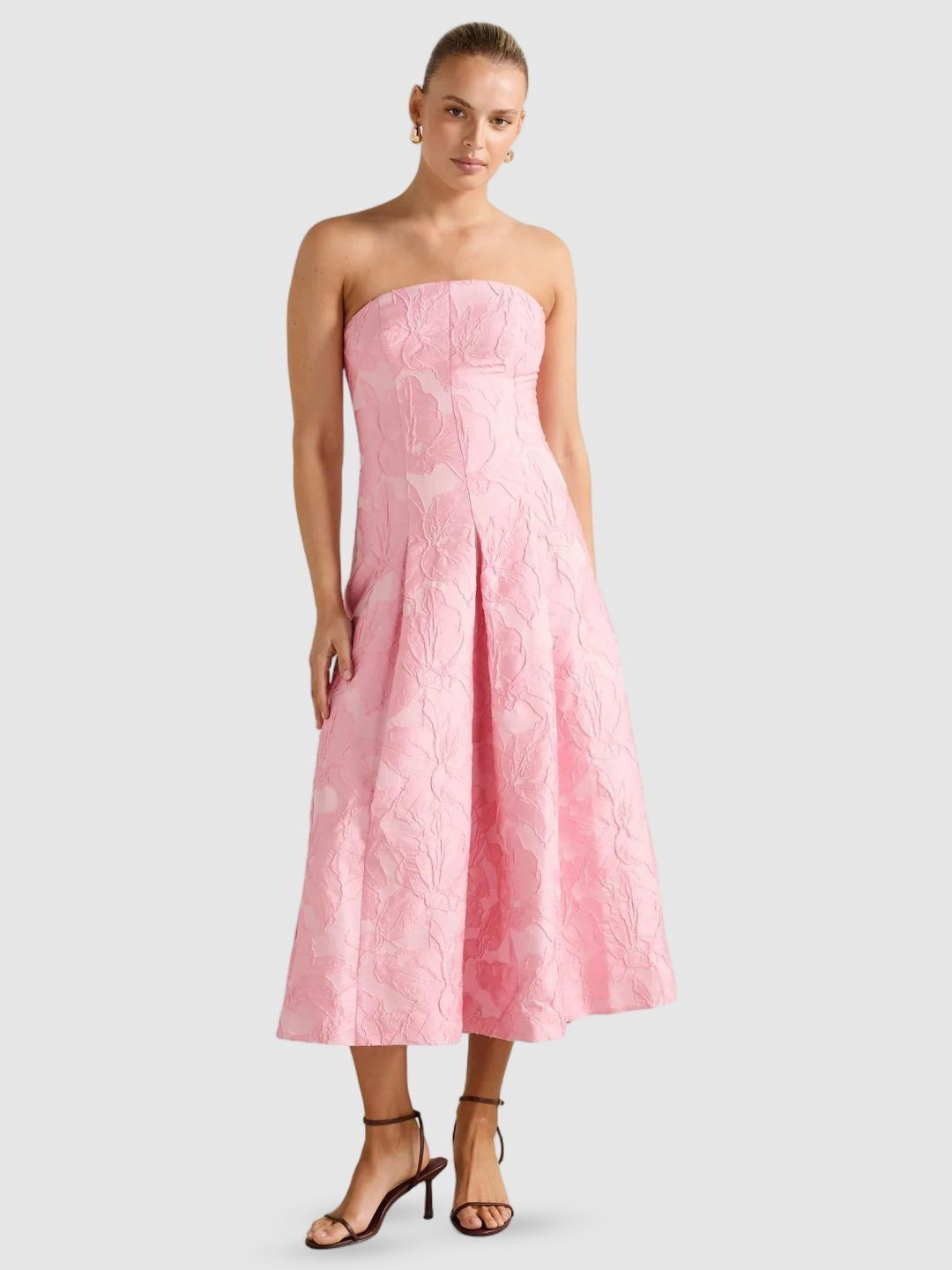 Buy Forever New Women Floral Self Design Strapless Bandeau Midi Dress ...