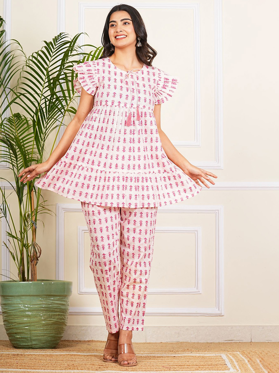 Buy NUNCHII Printed Round Neck Gulabi Ruffle Cotton Co Ords - Co Ords ...