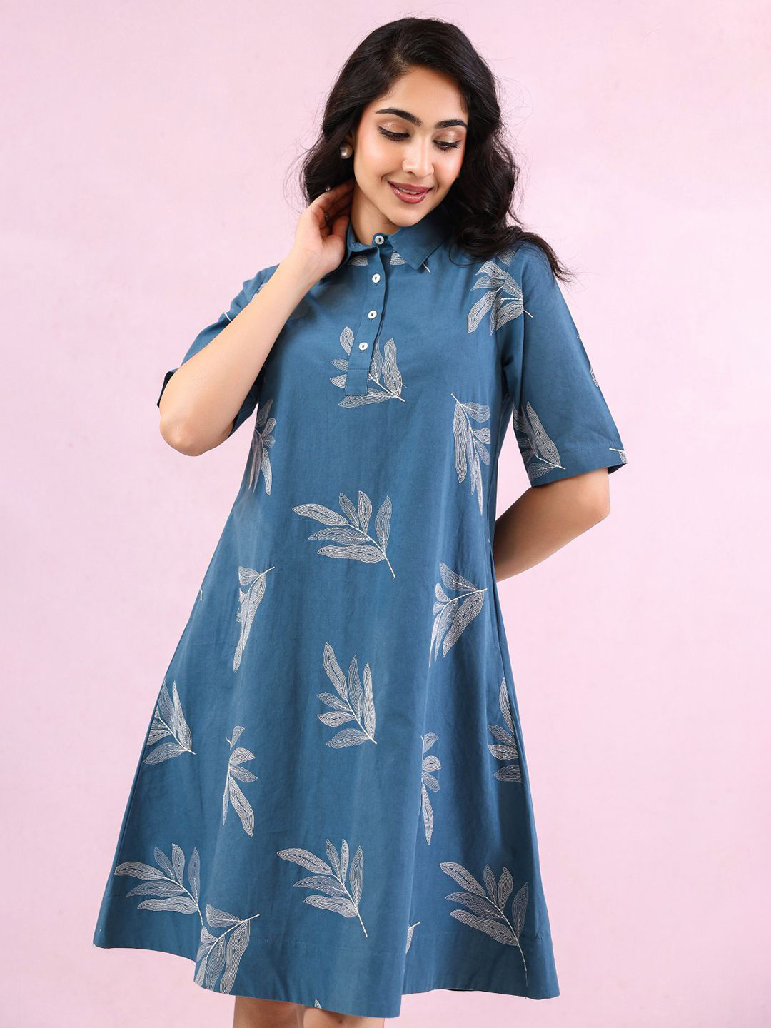 Buy ZUMMER Women Tropical Printed Shirt Collar A Line Knee Length Dress ...