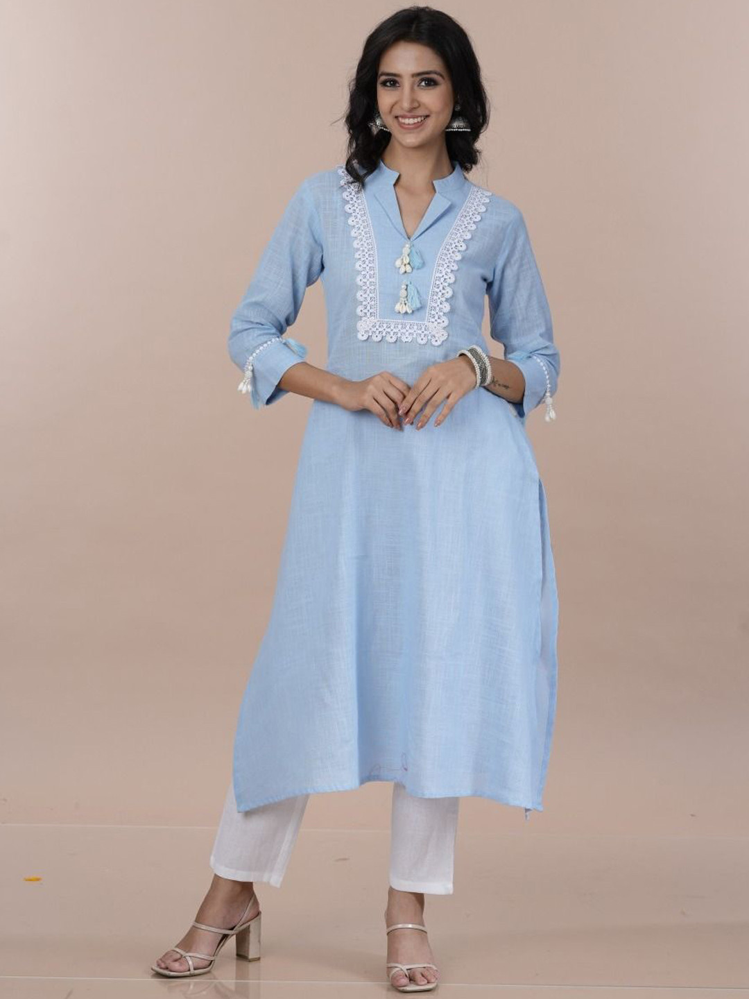 Buy JAGNA Mandarin Collar Lace Up Detail Kurta With Trousers - Kurta Sets for Women 35456460 ...