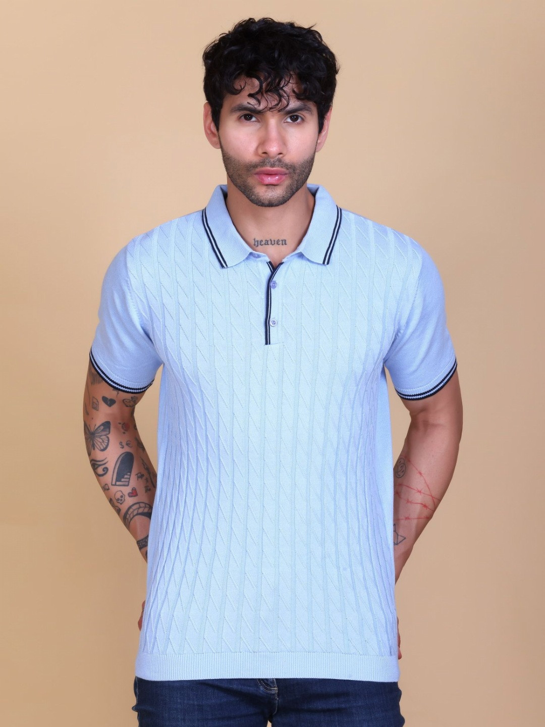 Buy Dzant Self Design Polo Collar Neck Short Sleeves Organic Cotton T ...