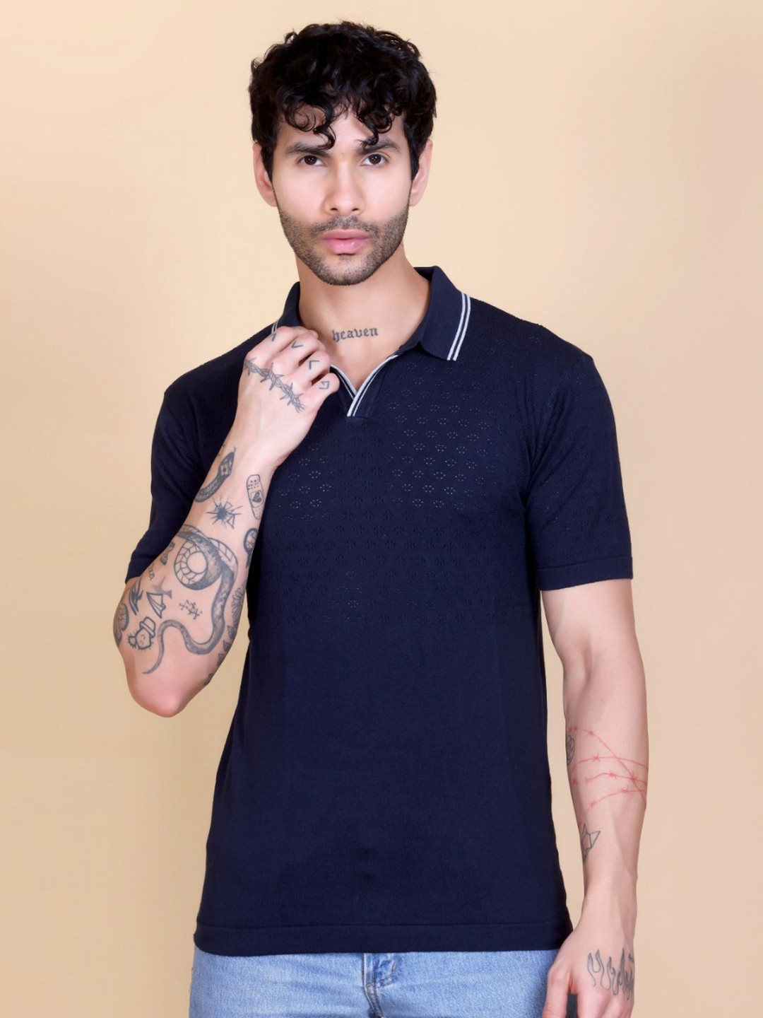 Buy Dzant Self Design Polo Collar Neck Short Sleeves Organic Cotton T ...