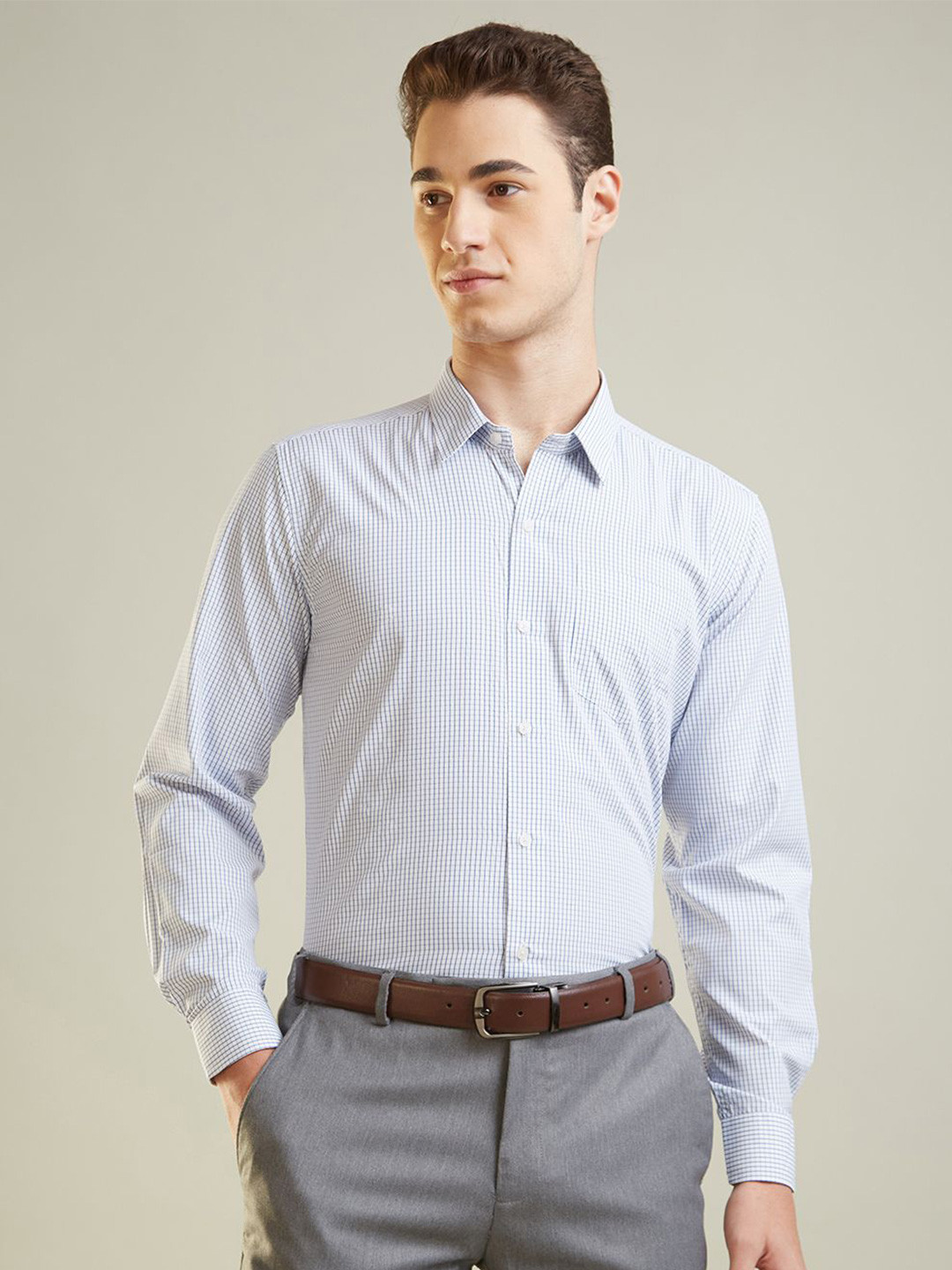 Buy TIM PARIS Grid Tattersall Checked Spread Collar Pure Cotton Formal ...