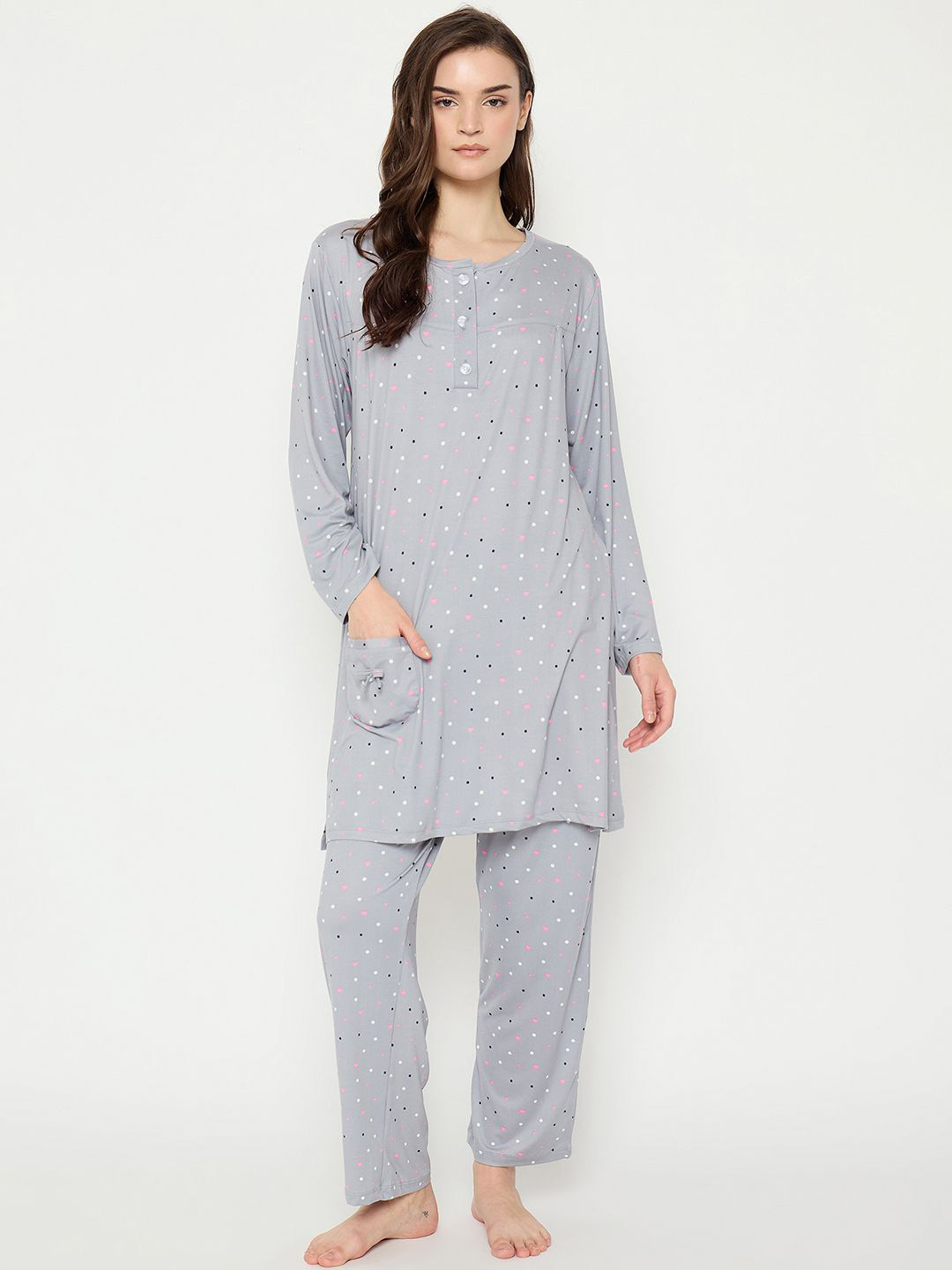 Buy Camey Women Polka Dots Printed Round Neck Kurti Pyjamas Night Suit ...