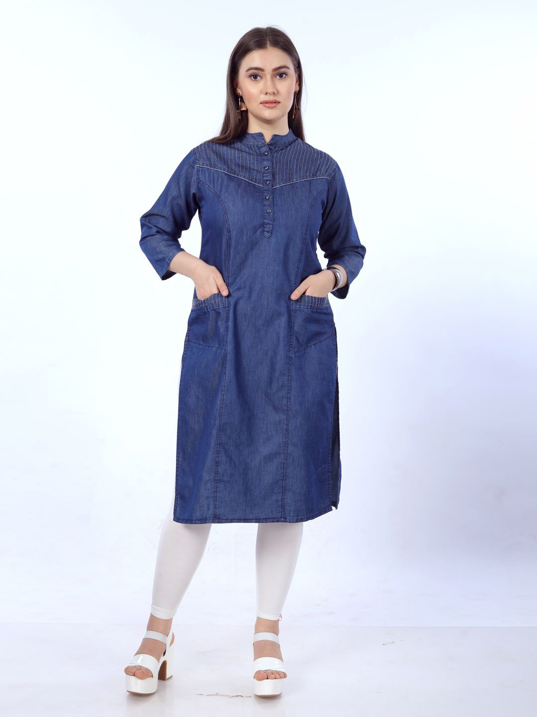 Buy SK Creation Women Mandarin Collar Denim Straight Kurta - Kurtas for ...