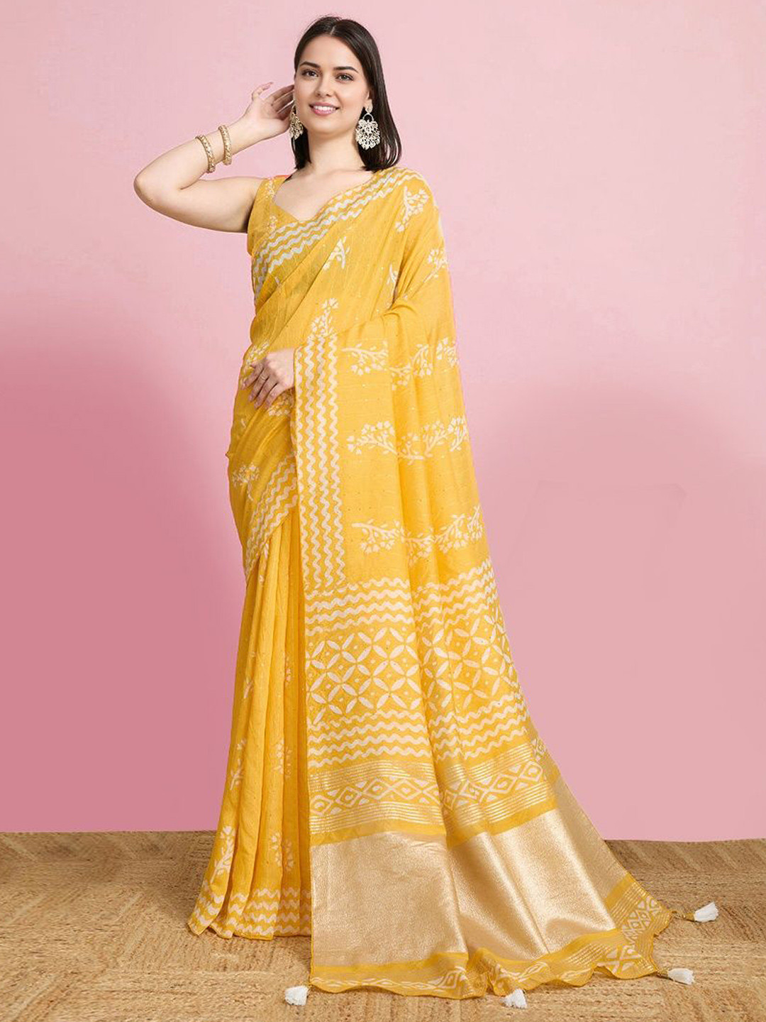 Buy Rang By Indya Floral Printed Sequinned Cotton Saree - Sarees for ...