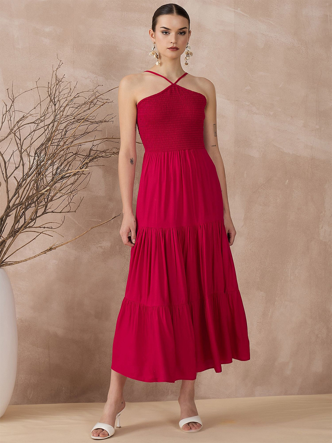 Buy RARE Women Tie Up Neck Tiered Smoked Detail Fit & Flare Maxi Dress ...