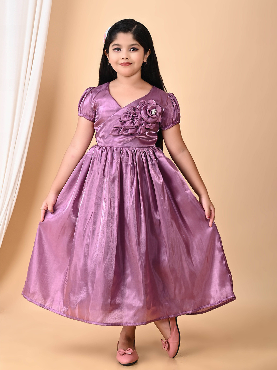 Buy NATIONAL LEBASH Girls Floral Embroidered Satin Fit And Flare Maxi ...