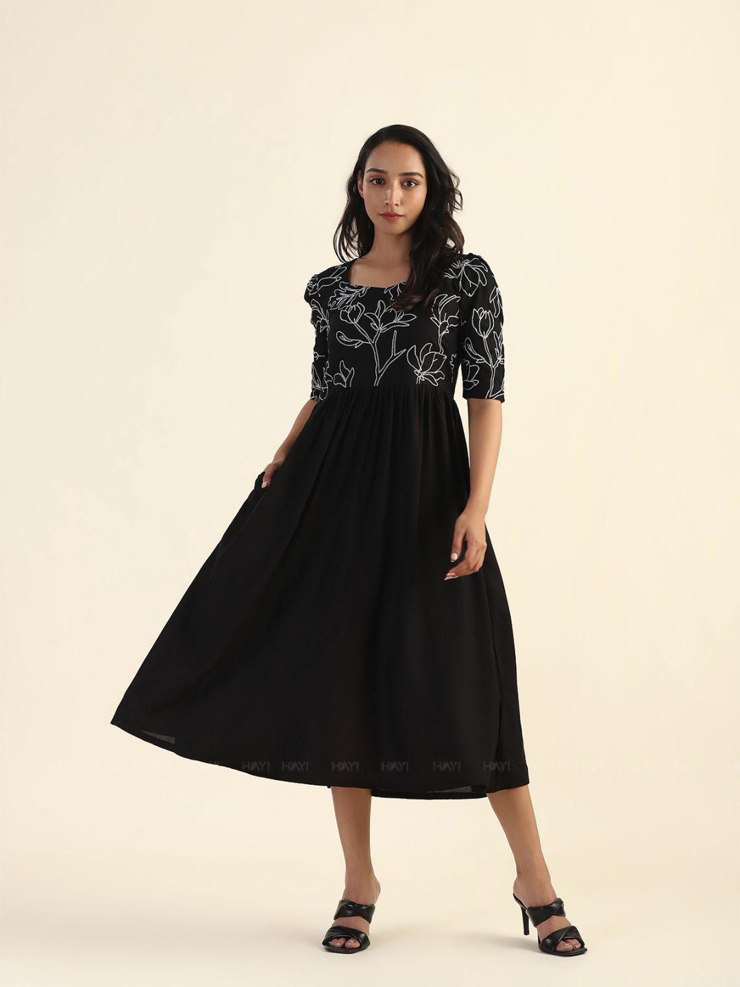 Buy HAY Women Floral Print Puff Sleeve Fit And Flare Midi Dress ...