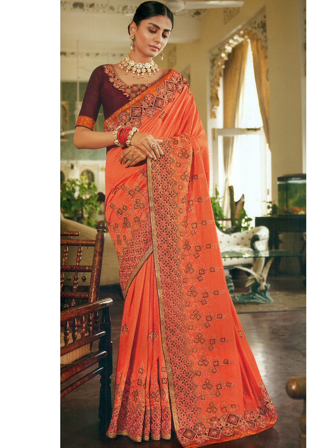 Buy Exotic India Floral Embroidered Pure Chiffon Saree - Sarees for ...