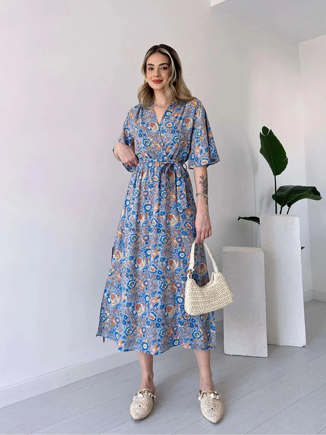 Buy MANOJAVA Women Floral Printed Belted Cotton Wrap Midi Dress ...