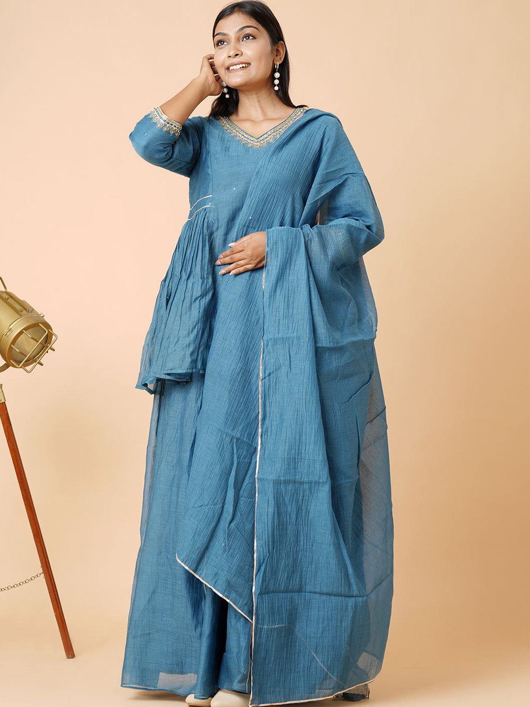 Buy AAHRA Geometric Embroidered Mirror Work Pure Silk A Line Kurta With ...