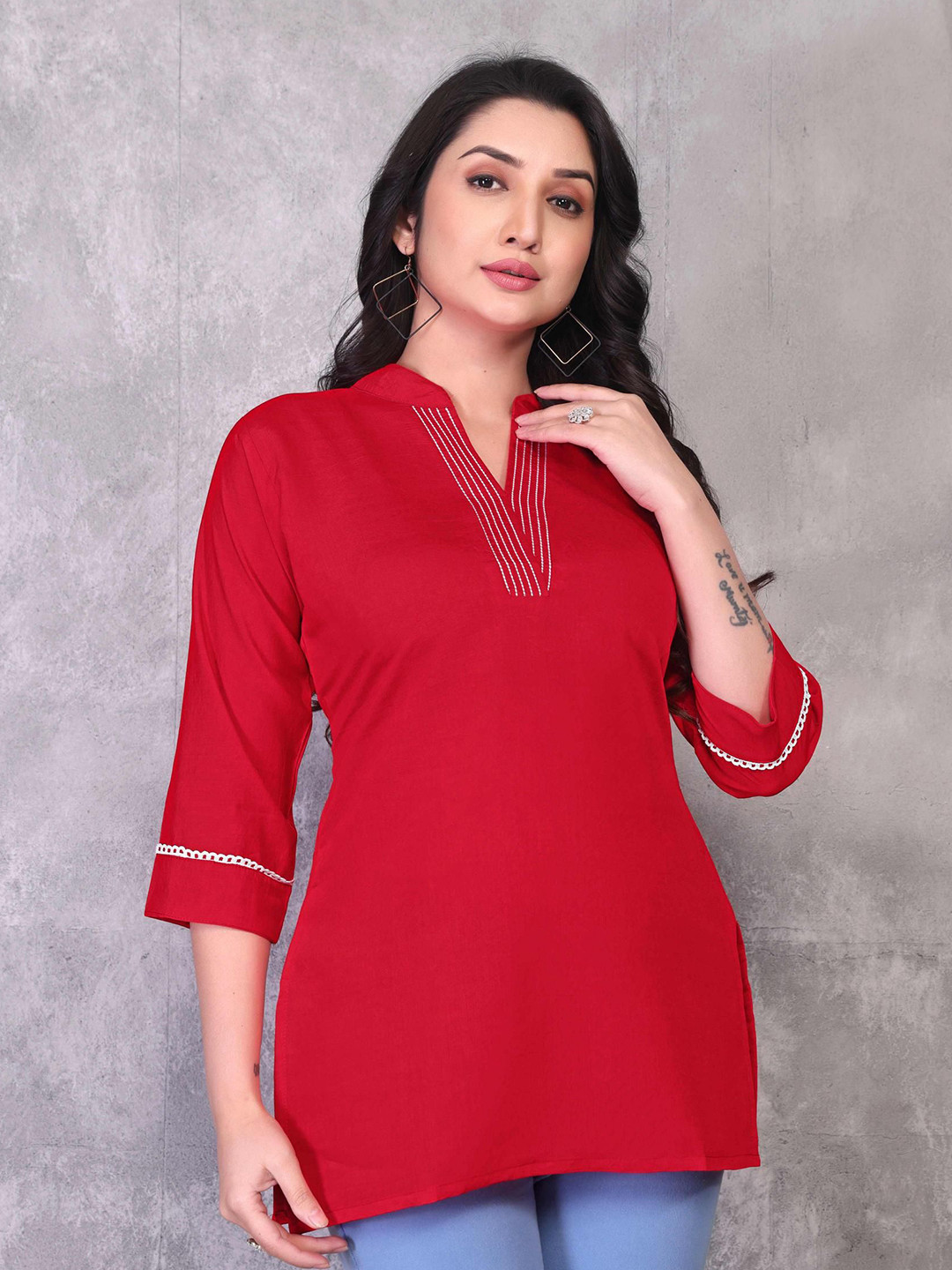 Buy HETVI CREATION Mandarin Collar Thread Work Straight Short Kurti ...