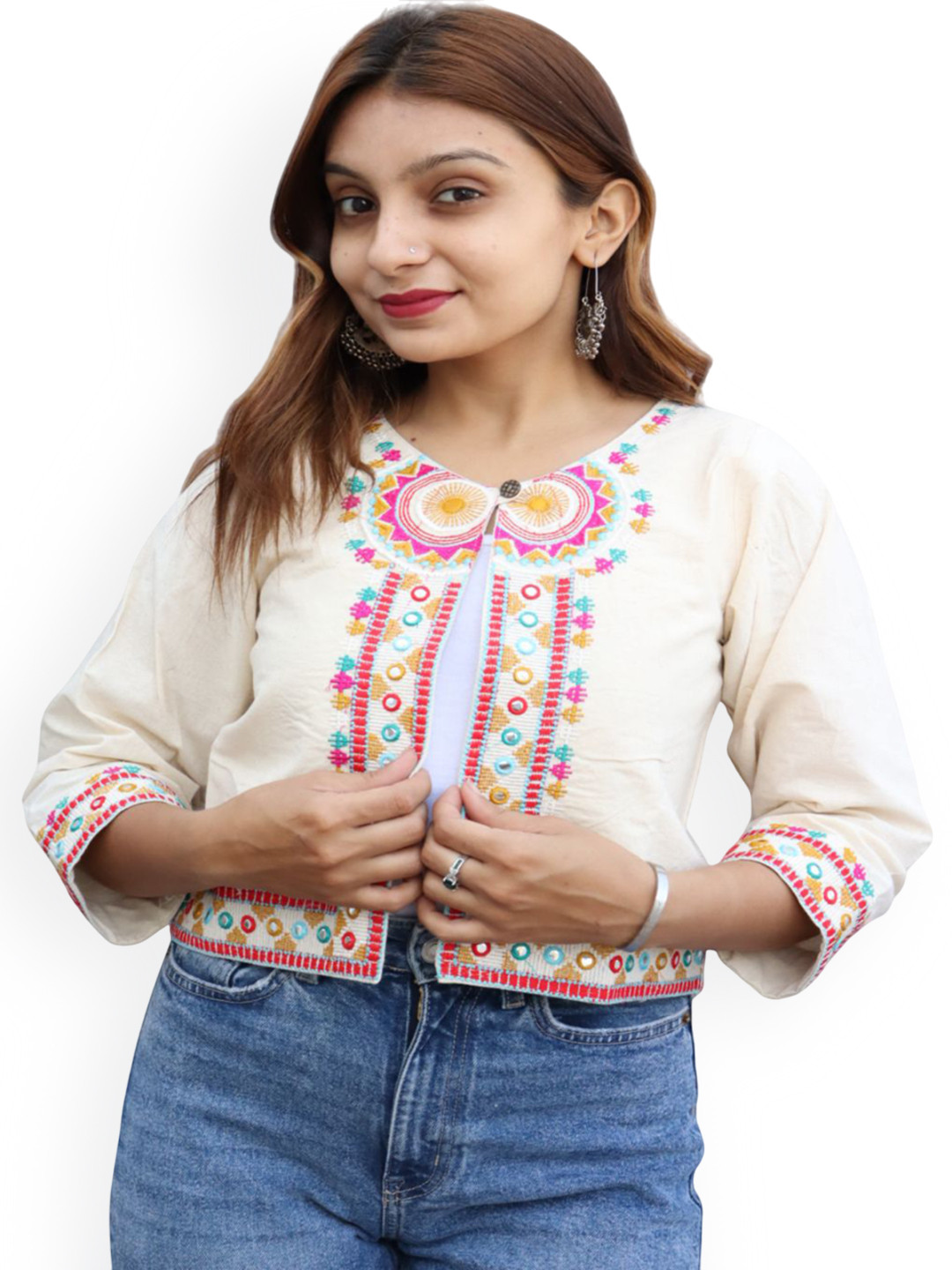 Buy Prijam Ethnic Motifs Embroidered Cotton Crop Open Front Shrug ...