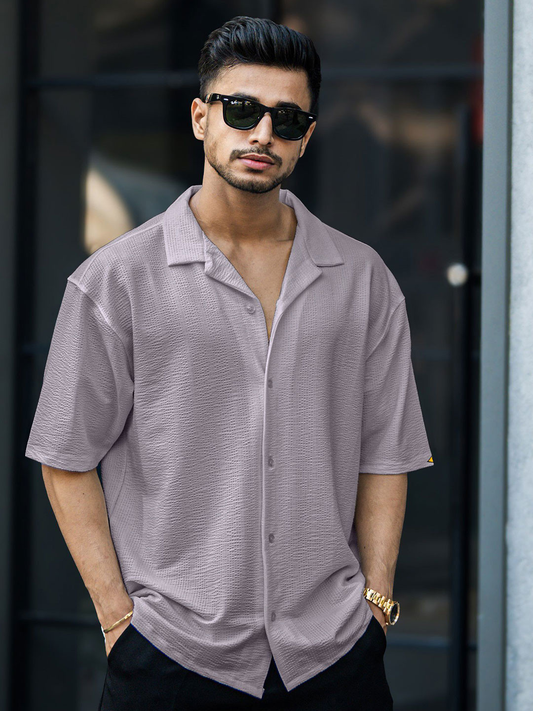 Buy Maniac Comfort Textured Short Sleeves Shirt Collar Opaque Cotton ...