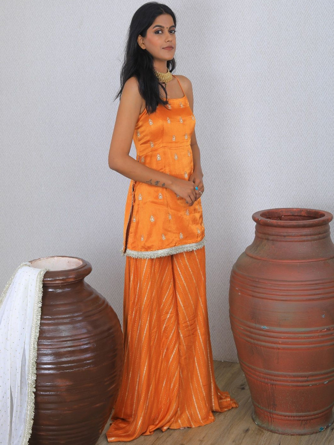 Buy Tanoti Women Ethnic Motifs Embroidered Silk Kurta With Palazzo ...