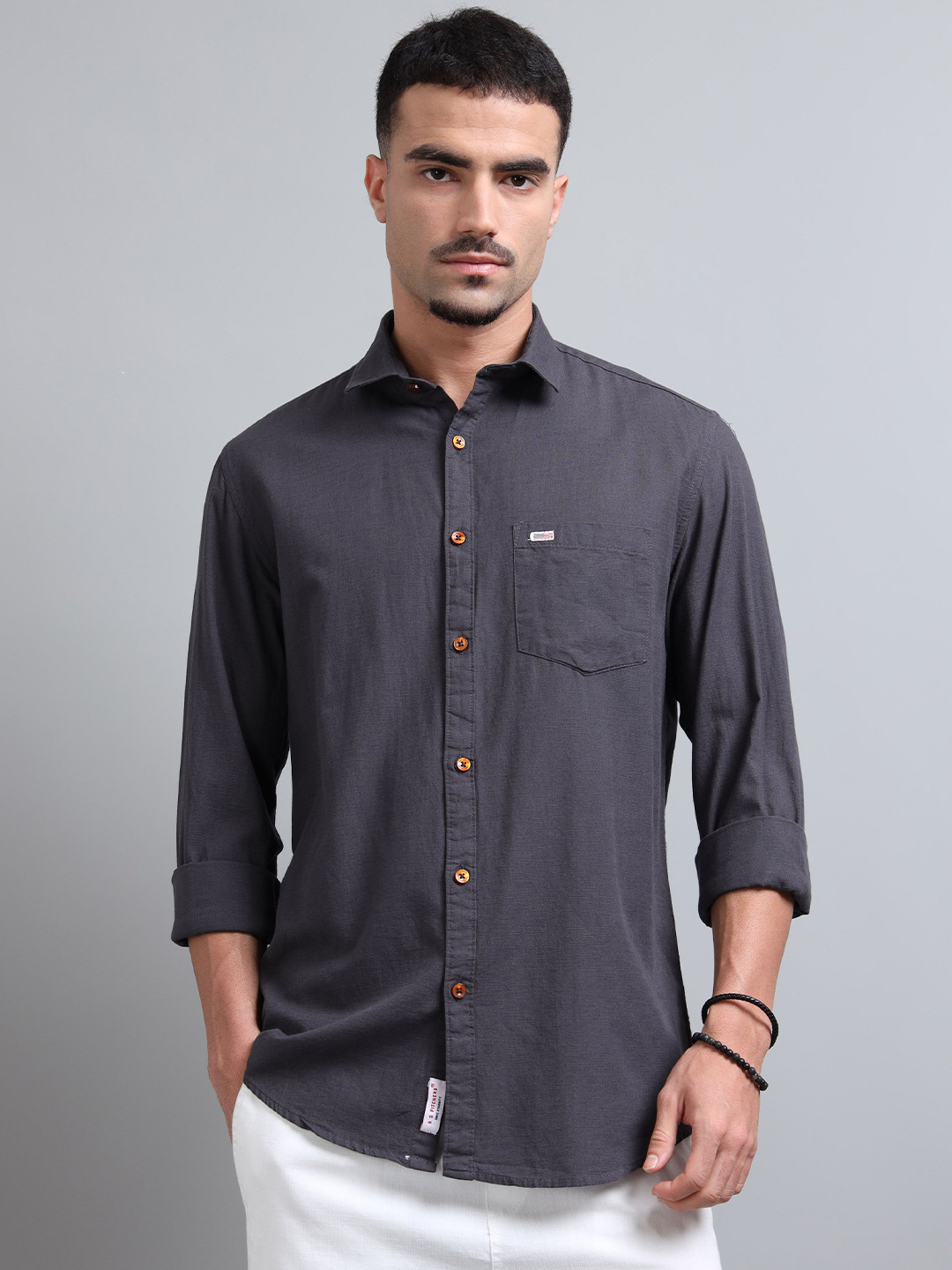 Buy U.S. PITCHERS Men Smart Fit Solid Spread Collar Casual Shirt ...