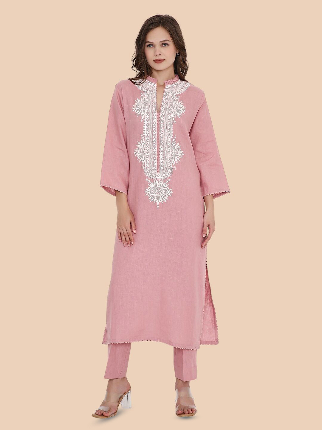 Buy Bhairavi Jaikishan Floral Yoke Design Mandarin Collar Thread Work Straight Kurta - Kurtas ...