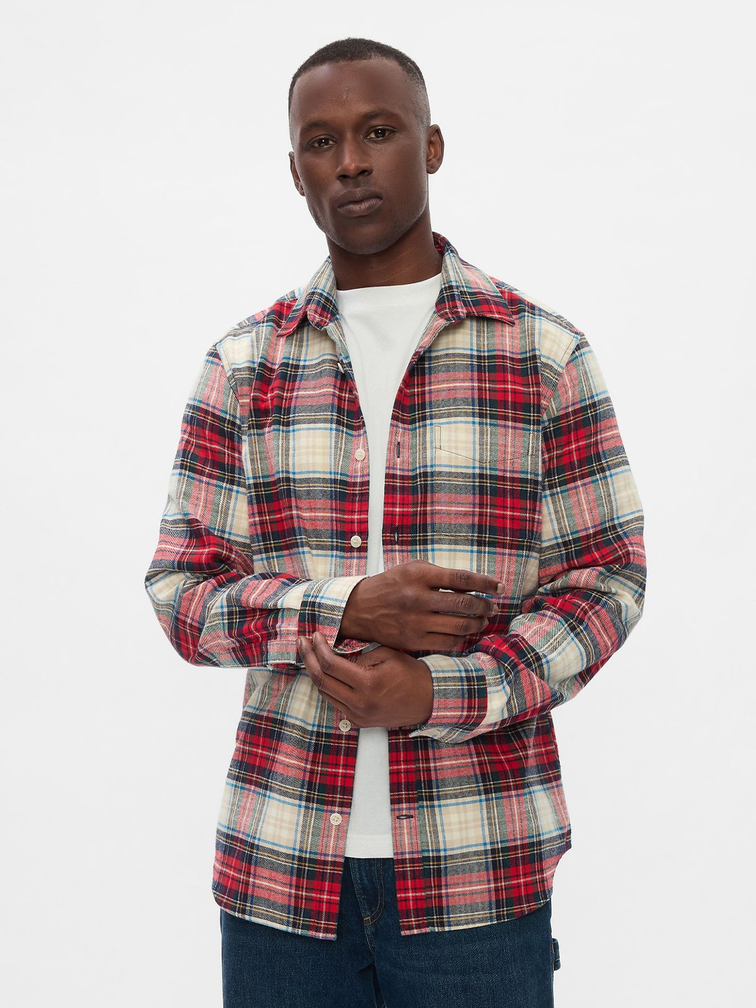 Buy GAP Checked Spread Collar Classic Regular Fit Cotton Flannel Shirt With Patch Pocket ...