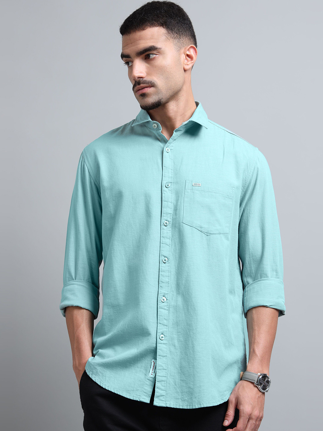 Buy U.S. PITCHERS Men Smart Fit Solid Spread Collar Casual Shirt ...