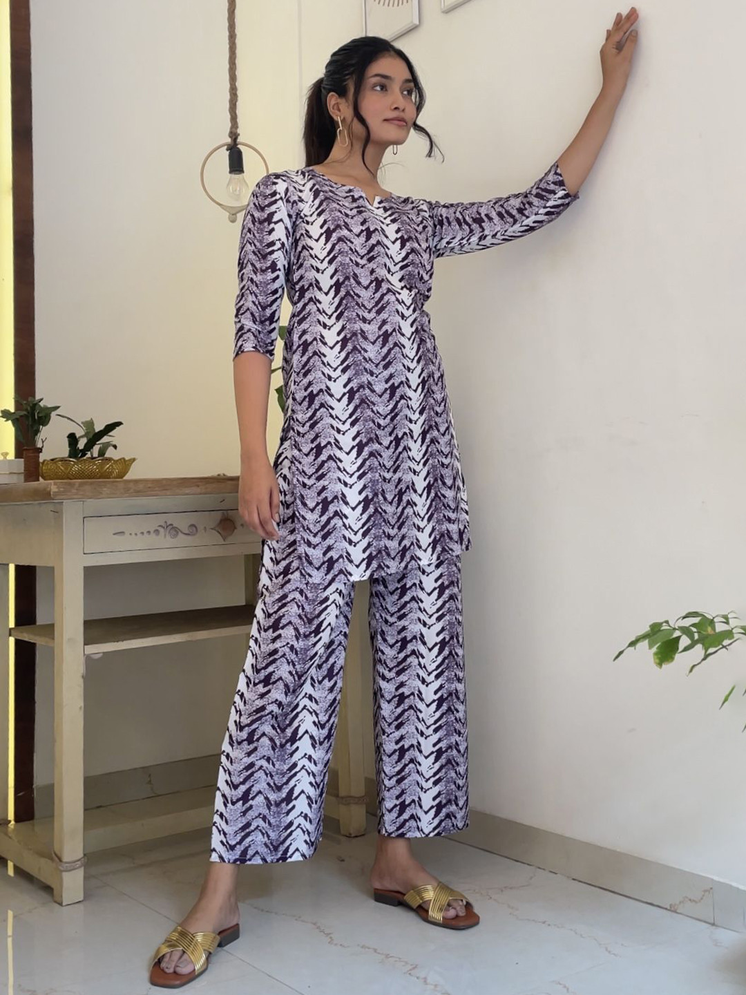 Buy IndianRang Printed Notch Neck Tunic With Palazzos - Co Ords for ...