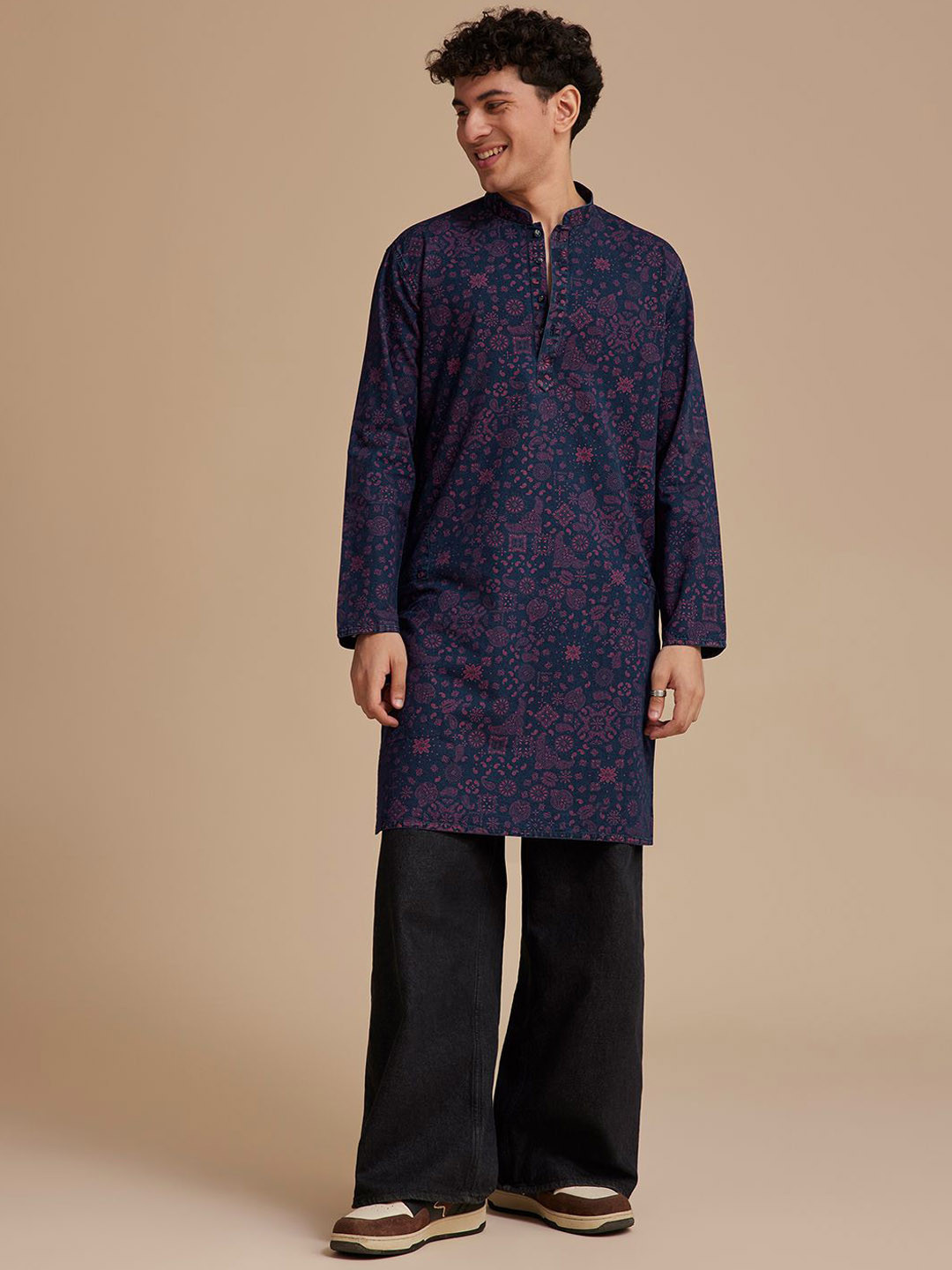 Buy KALKI Fashion Men Floral Printed Regular Kurta With Trousers ...
