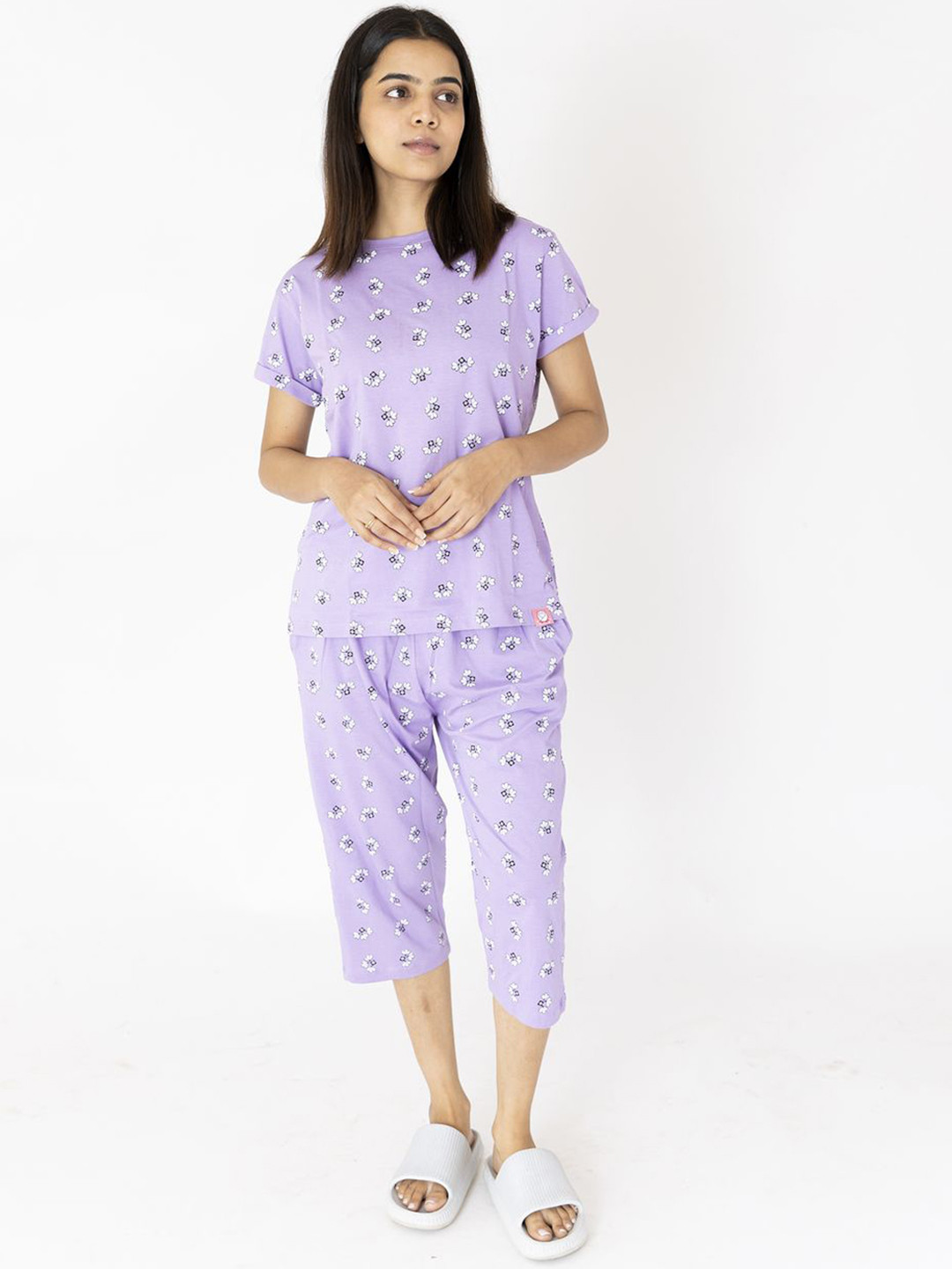 Buy LABEL MY Women Pure Cotton Floral Printed Capris Set Night Suit ...