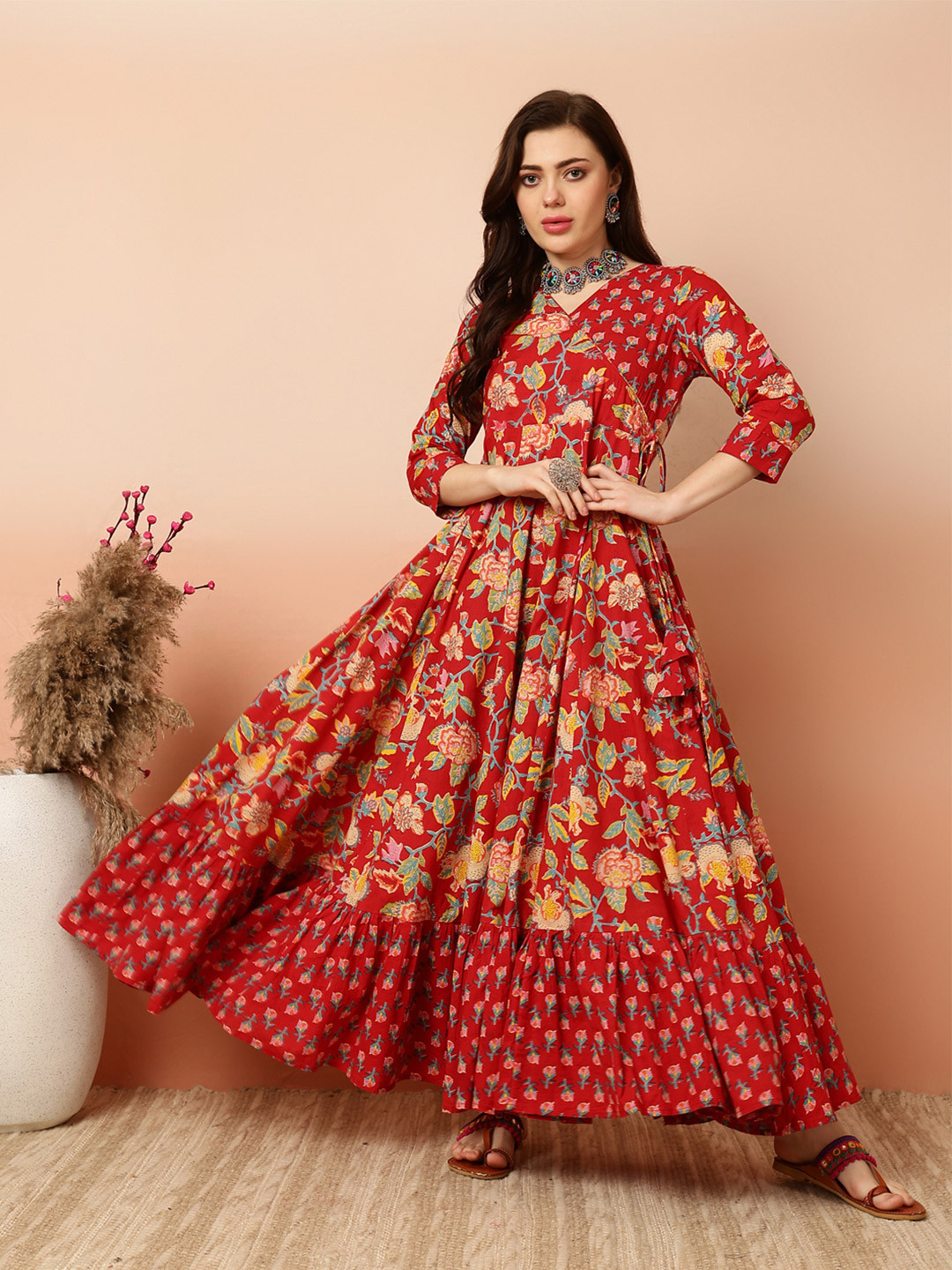 Buy Sa Rasa Floral Printed V Neck Angrakha Pure Cotton Anarkali Kurta ...