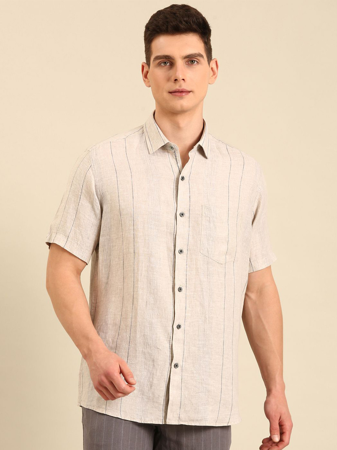 Buy Linen Club Vintage Contemporary Slim Fit Striped Pure Linen Casual ...