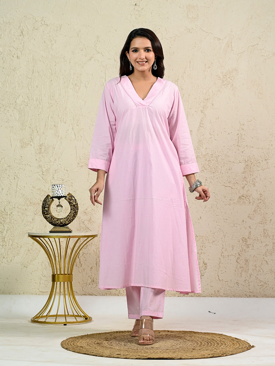 Buy INAAYA JAIPUR V Neck A Line Kurta With Trousers - Kurta Sets for ...