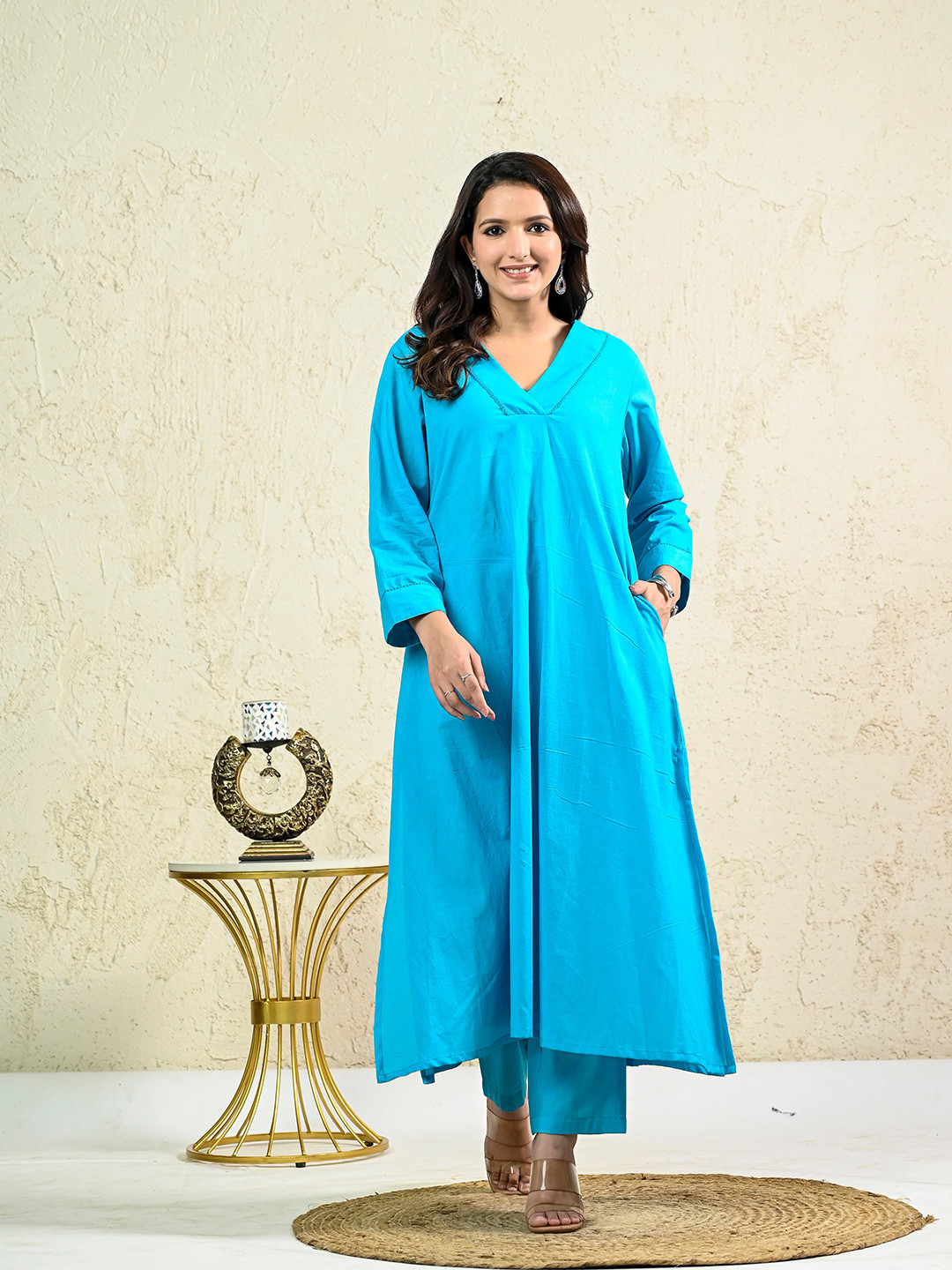 Buy INAAYA JAIPUR V Neck A Line Kurta With Trousers - Kurta Sets for ...