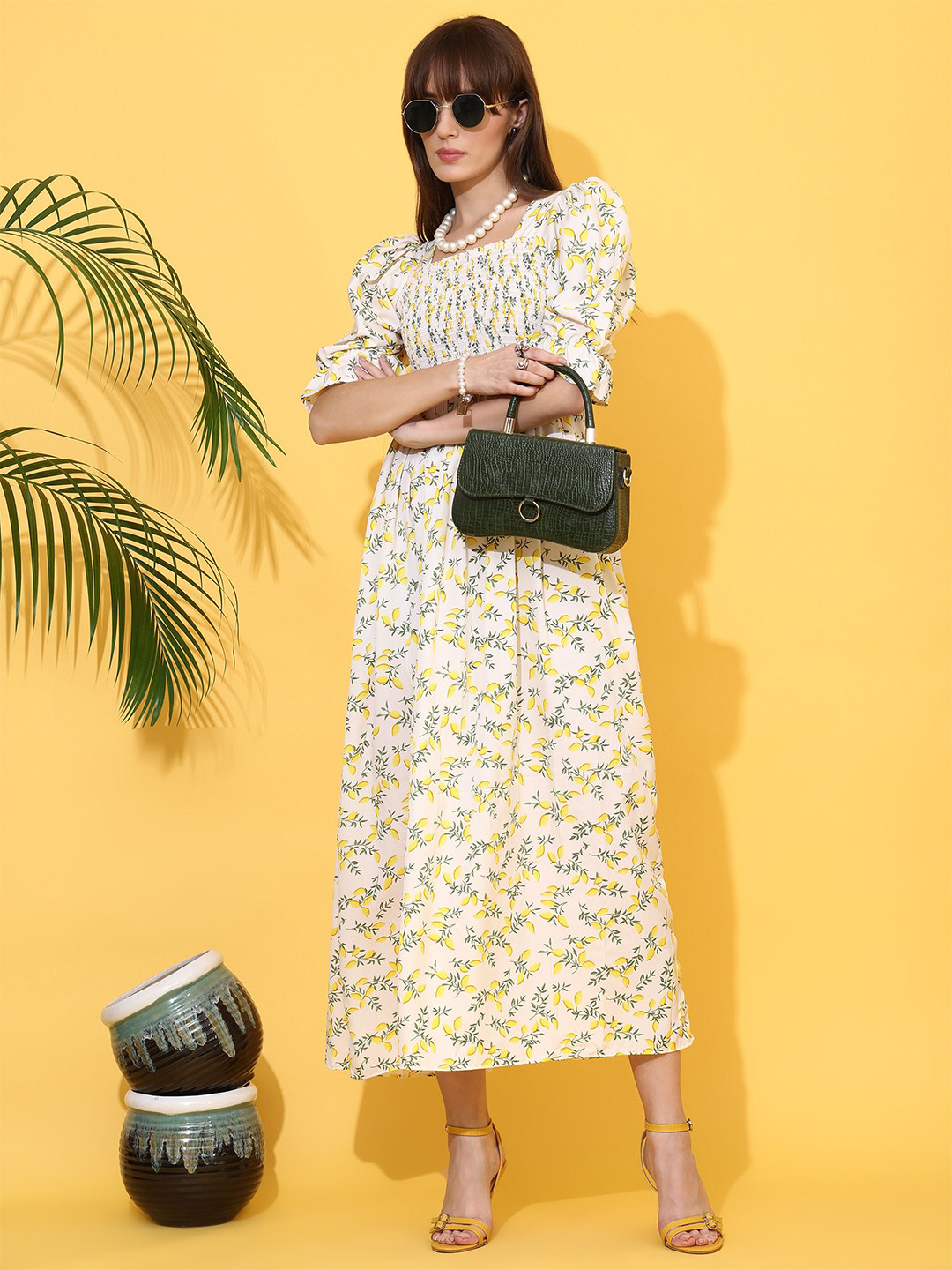 Buy De La Moda Floral Print Puff Sleeve Crepe Fit & Flare Midi Dress ...