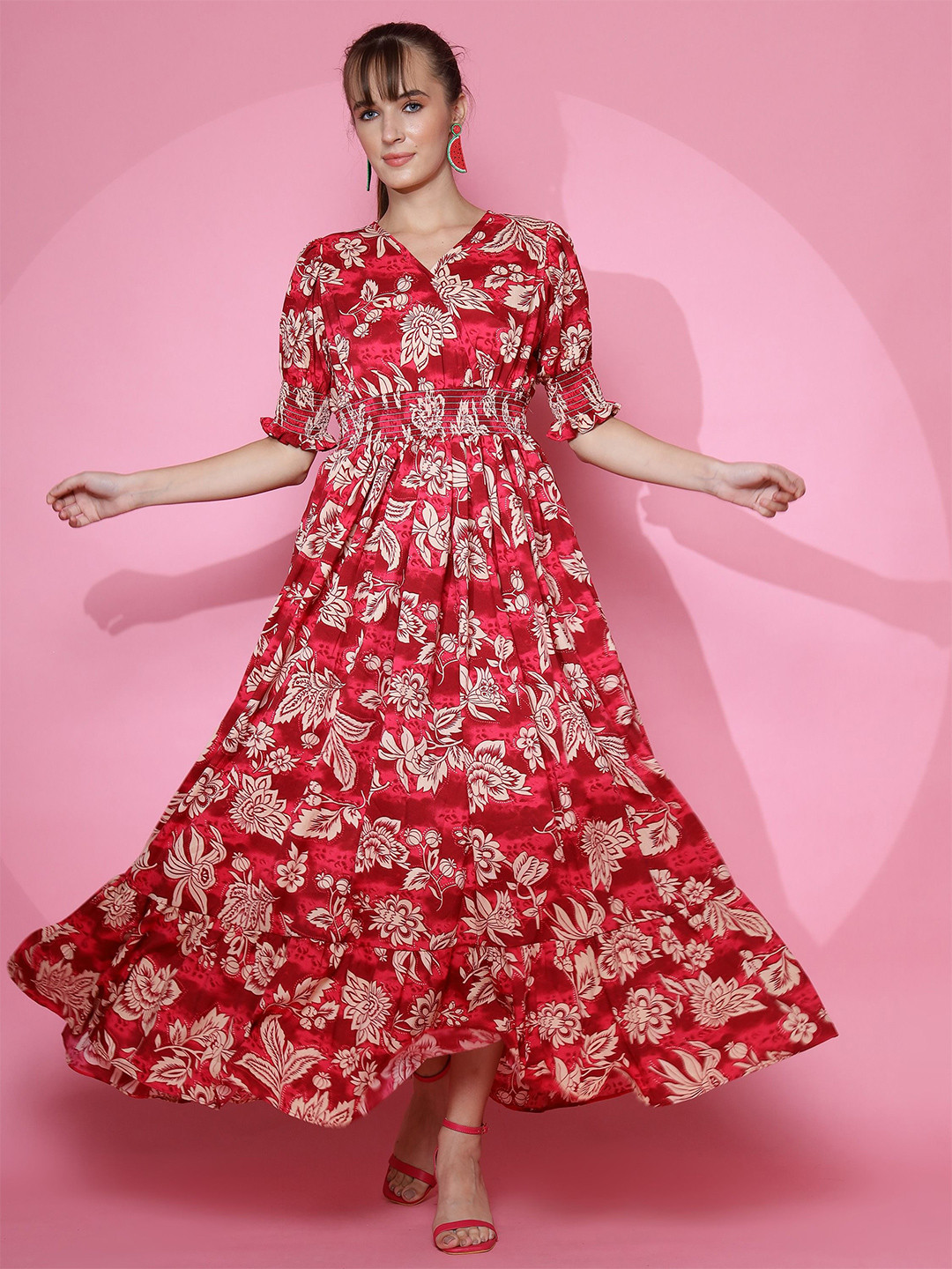 Buy De La Moda Floral Print Puff Sleeve Fit & Flare Maxi Wrap Dress ...