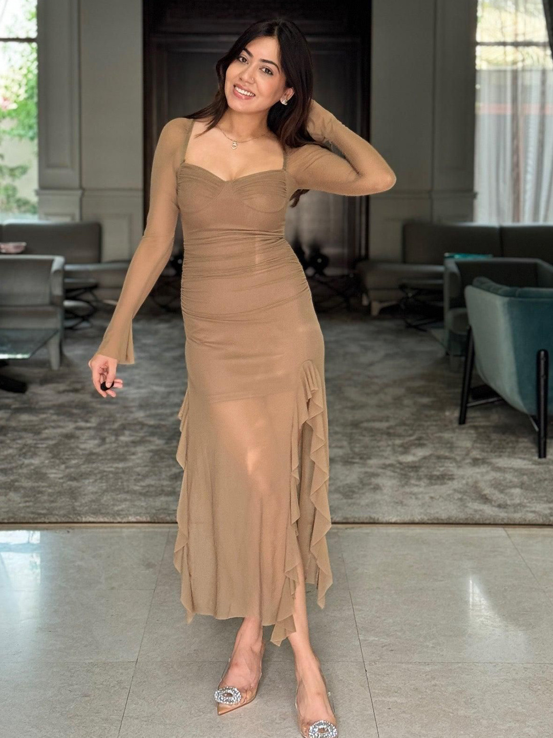 Buy Alamode By Akanksha Women Brown Lolita Ruffled Bodycon Maxi Sheath ...