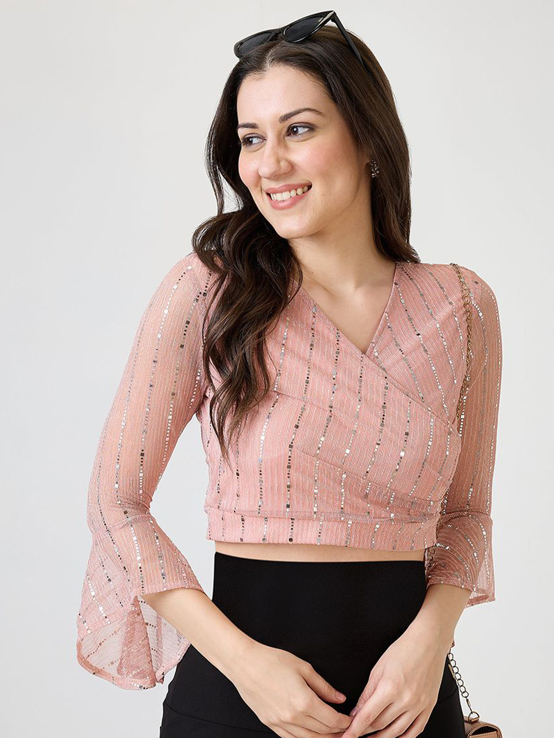 Buy Globus V Neck Flared Sleeves Embellished Sheen Waist Tie Up Party ...