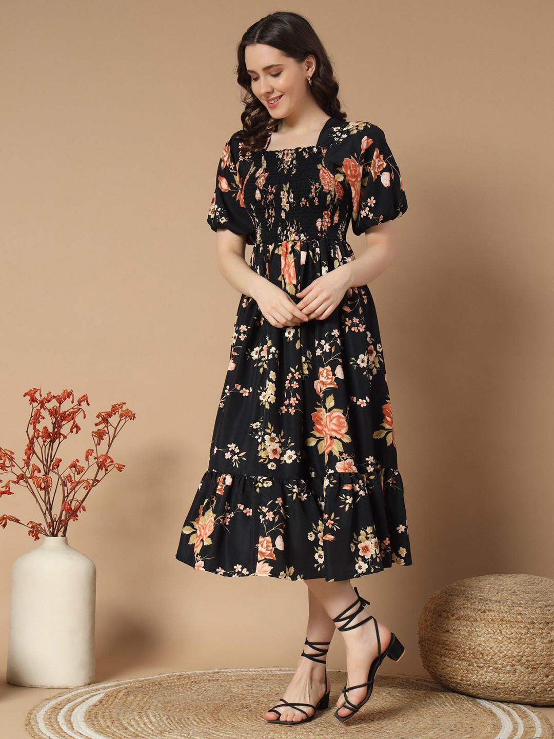 Buy Jash Creation Floral Print Puff Sleeves Smocked Fit & Flare Dresses ...