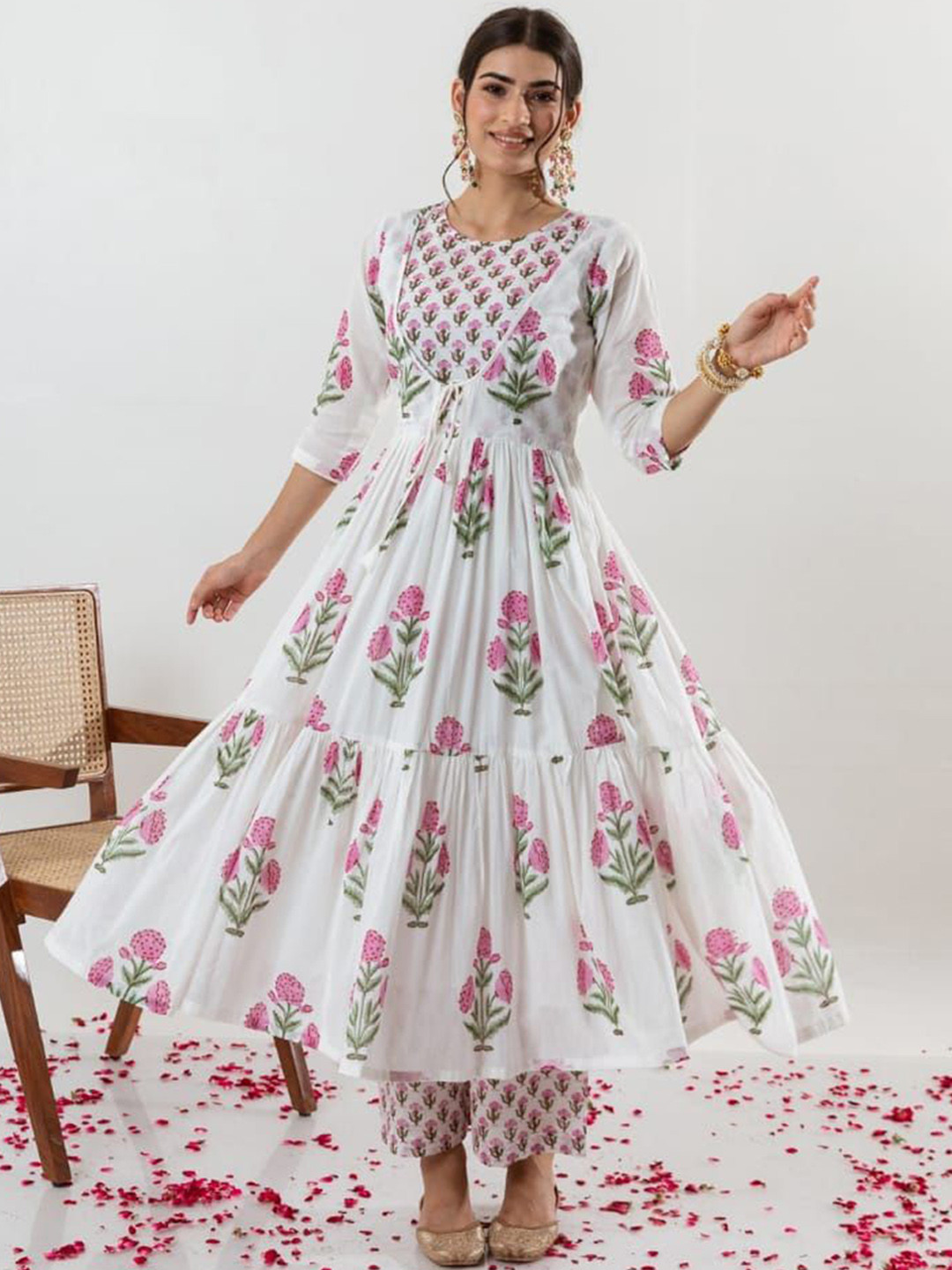 Buy Aaysa Kurti Floral Printed Layered Pure Cotton Anarkali Kurta With ...
