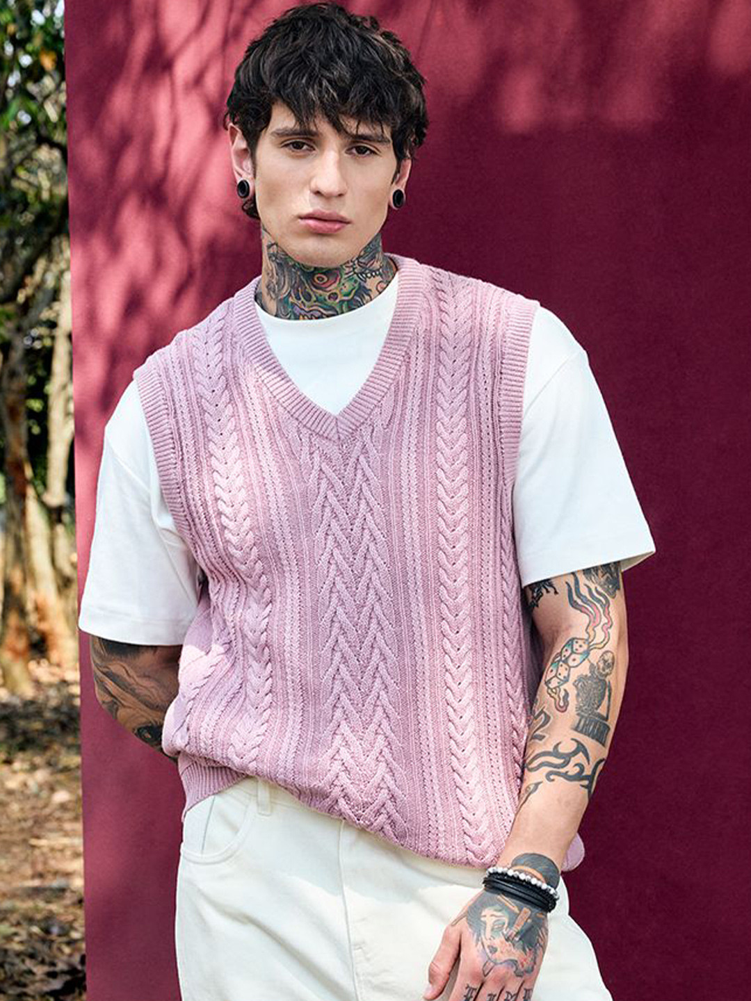 Buy Snitch Bordeaux Men Cable Knitted Sweater Vest - Sweaters for Men ...