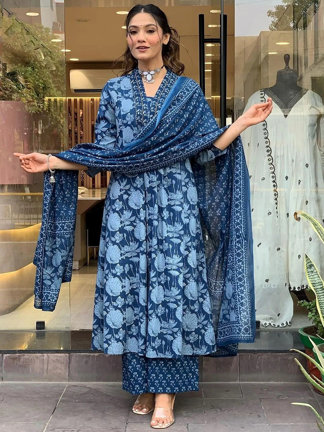 Buy PARTHVI Women Printed Regular Thread Work Pure Cotton Kurta With ...